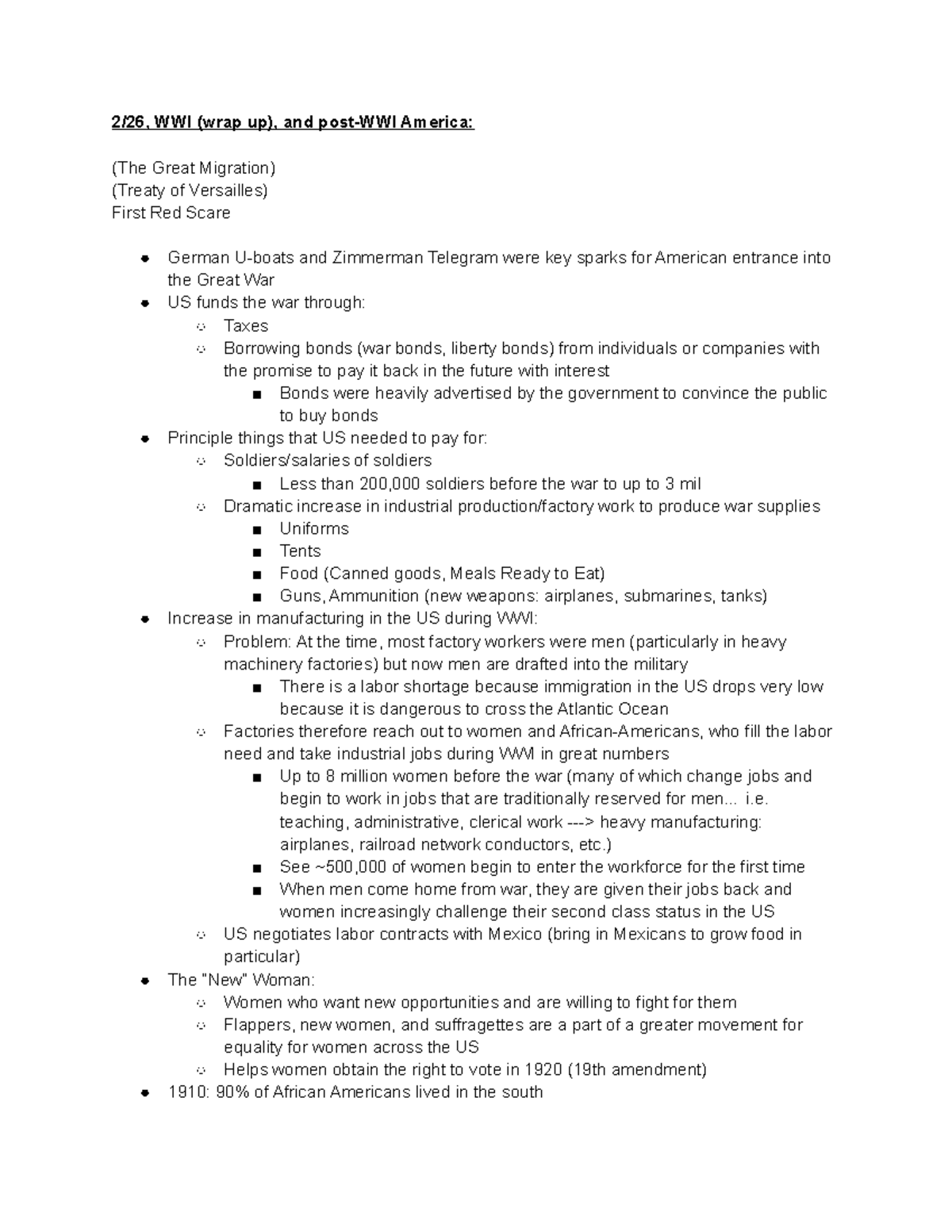 Class 13 Feb. 26 - Lecture notes 12 - 2/26, WWI (wrap up), and post-WWI ...