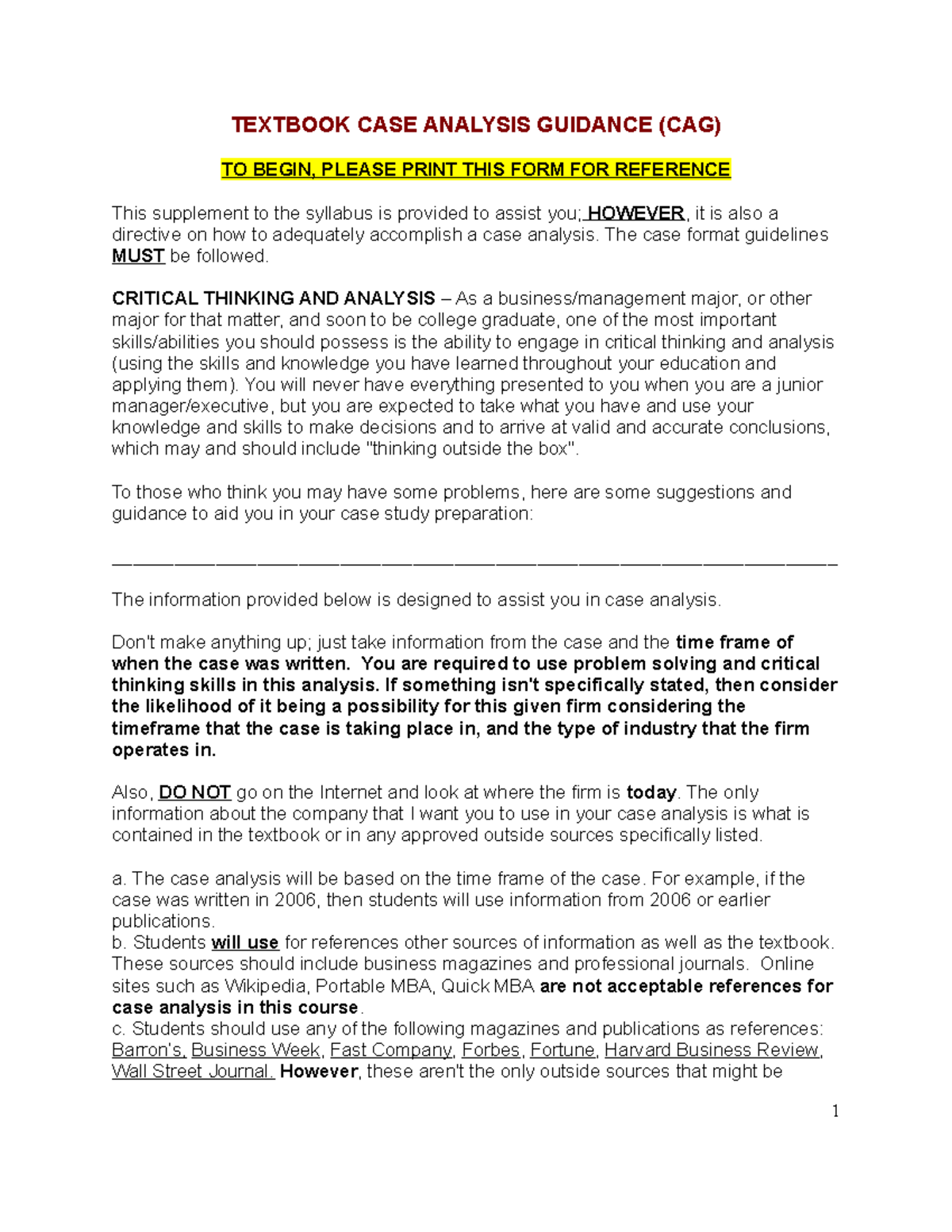 MG 495 Textbook CASE Analysis Guidance CAG - TEXTBOOK CASE ANALYSIS ...