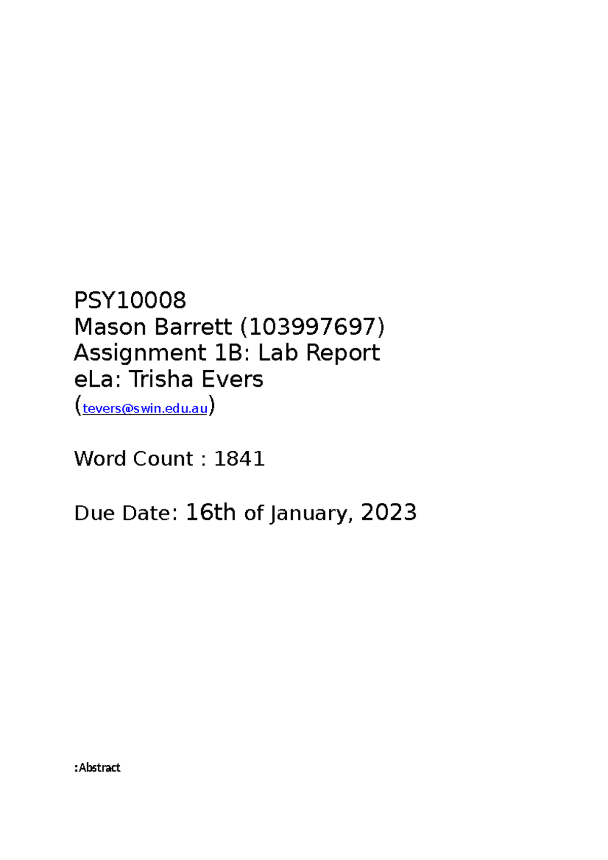 Lab Report - yoerfiefjirefjei - PSY Mason Barrett (103997697 ...