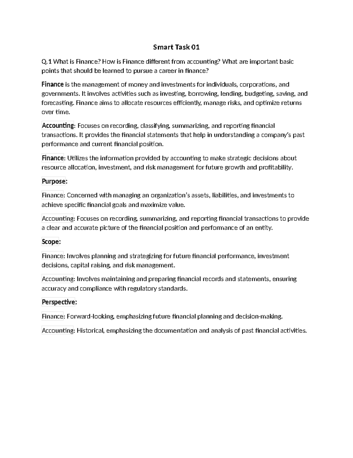 VCE Smart Task 01 - Smart Task 01 Q What is Finance? How is Finance ...