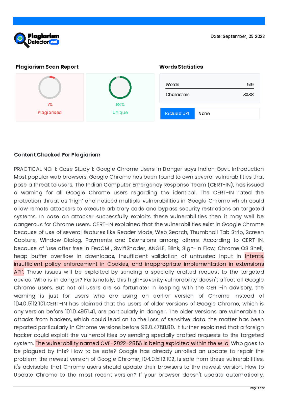 New plag Report - Date: September, 05 2022 Plagiarism Scan Report 7% ...