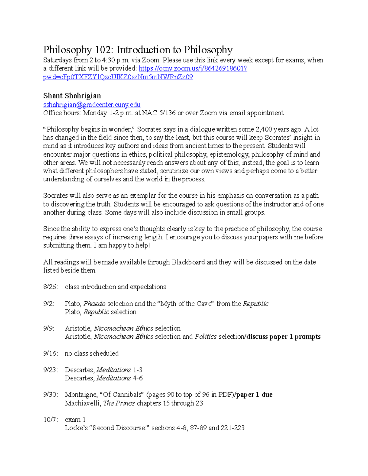 Intro Phil Syllabus(1) - Philosophy 102: Introduction to Philosophy Saturdays from 2 to 4:30 p ...