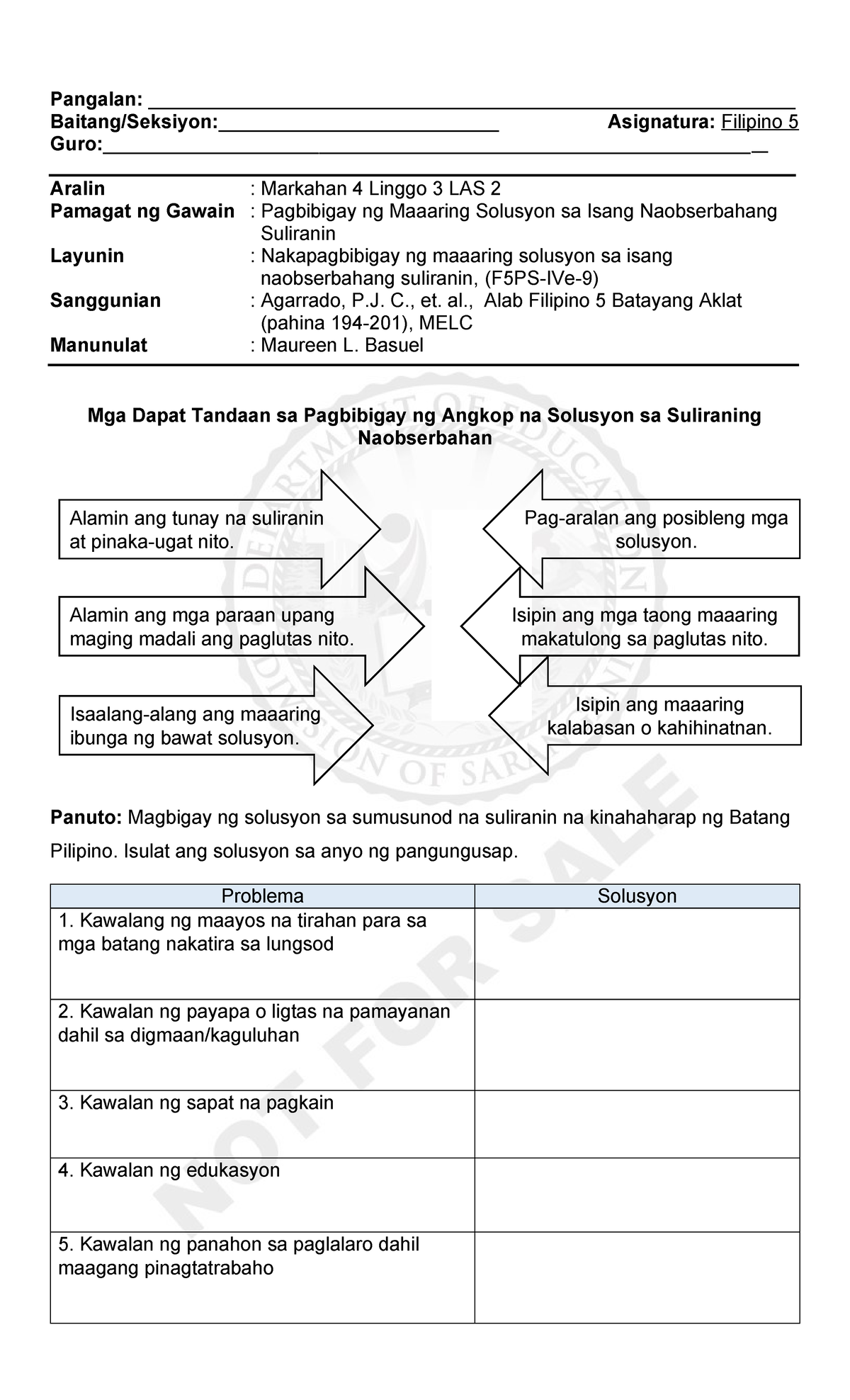 FIL5 Q4 Linggo 3 LAS 2 - learning activity sheets - Pangalan: - Studocu