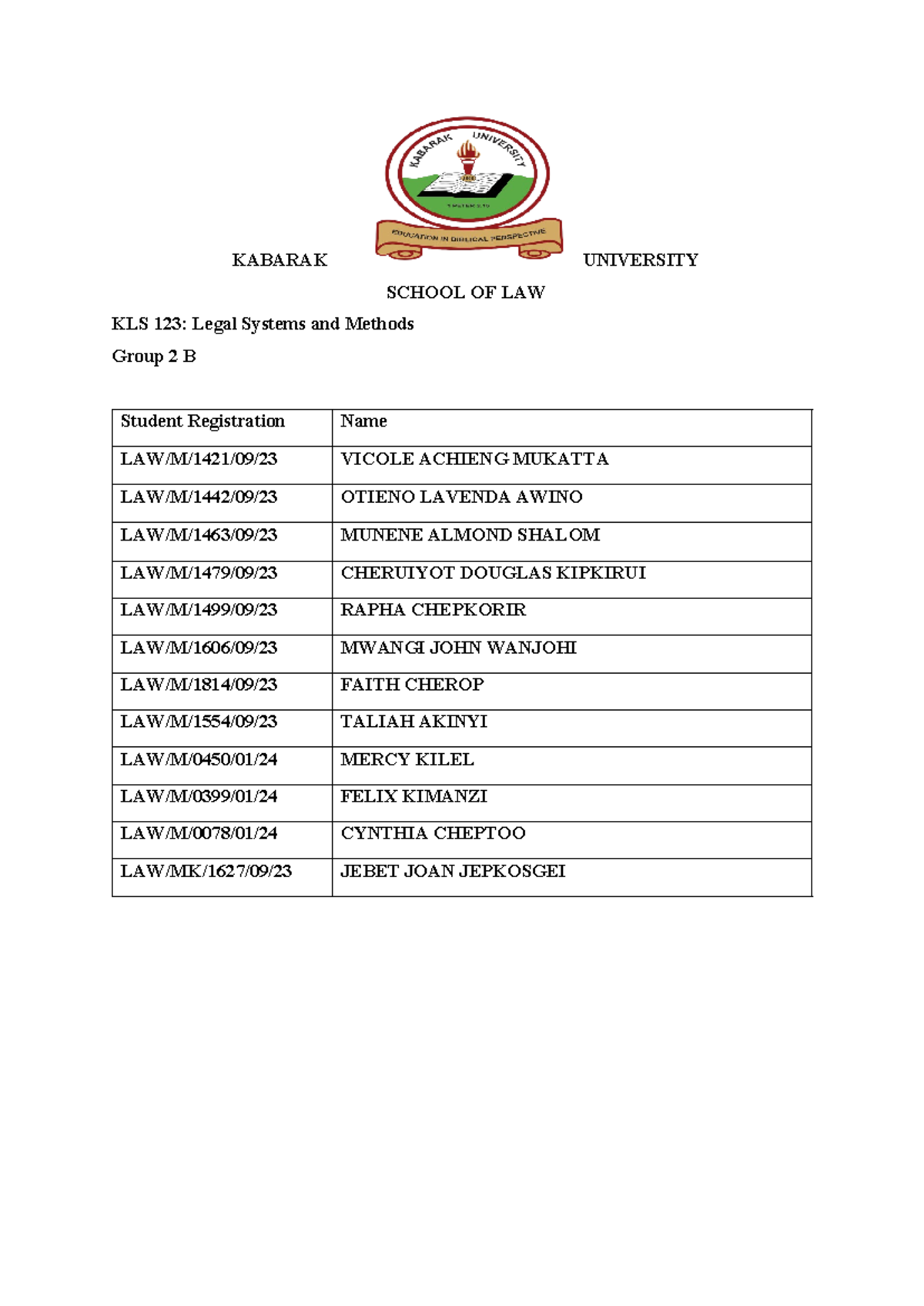 Group 2 Assignment Legal Systems And Methods 4 Kabarak University School Of Law Kls 123 