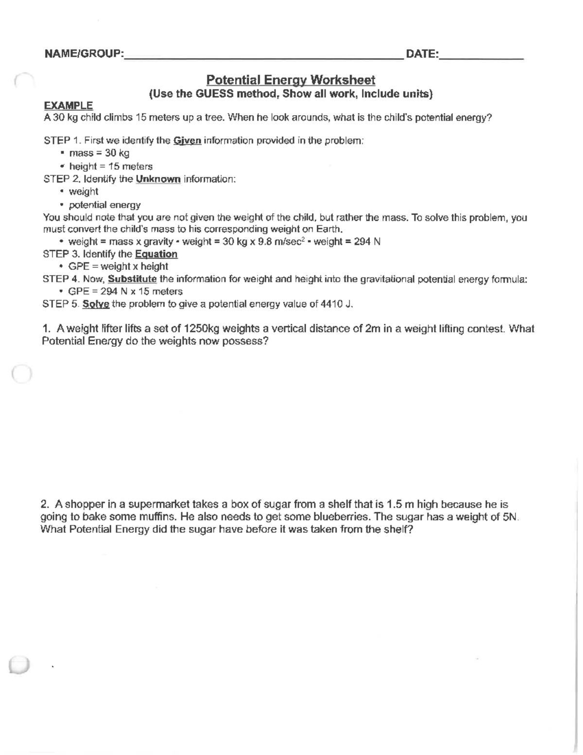 Gravitational Potential Energy Practice - PHYS 351 - Studocu