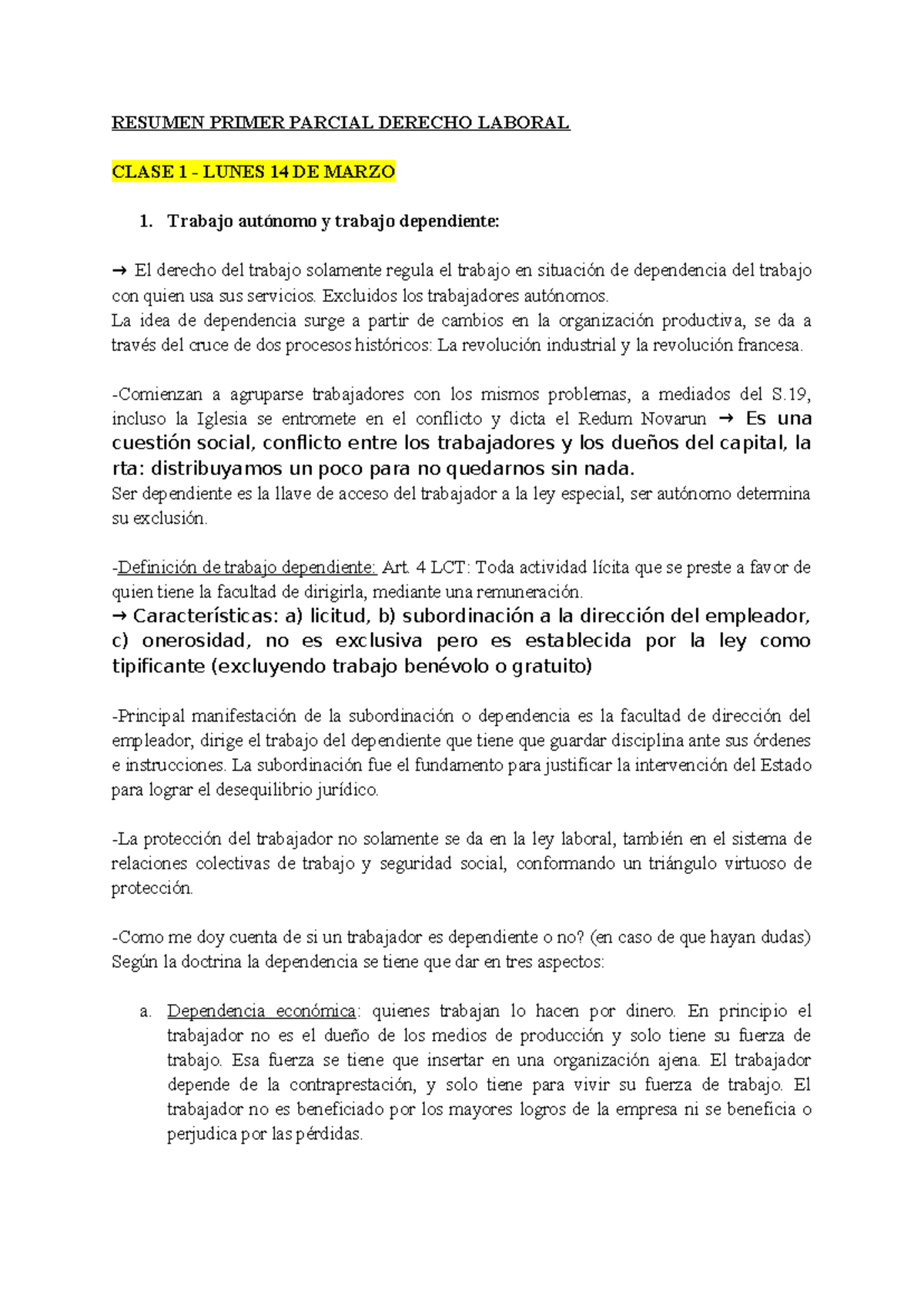 Resumen Primer Parcial - RESUMEN PRIMER PARCIAL DERECHO LABORAL CLASE 1 - LUNES 14 DE MARZO ...