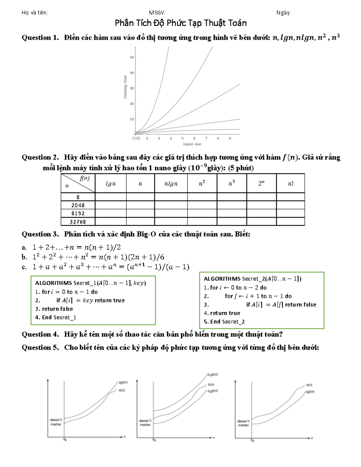 Algorithm Analysis-Assignment - Họ và tên: MSSV: Ngày: Phân Tích Độ Phức Tạp Thuật Toán Question ...