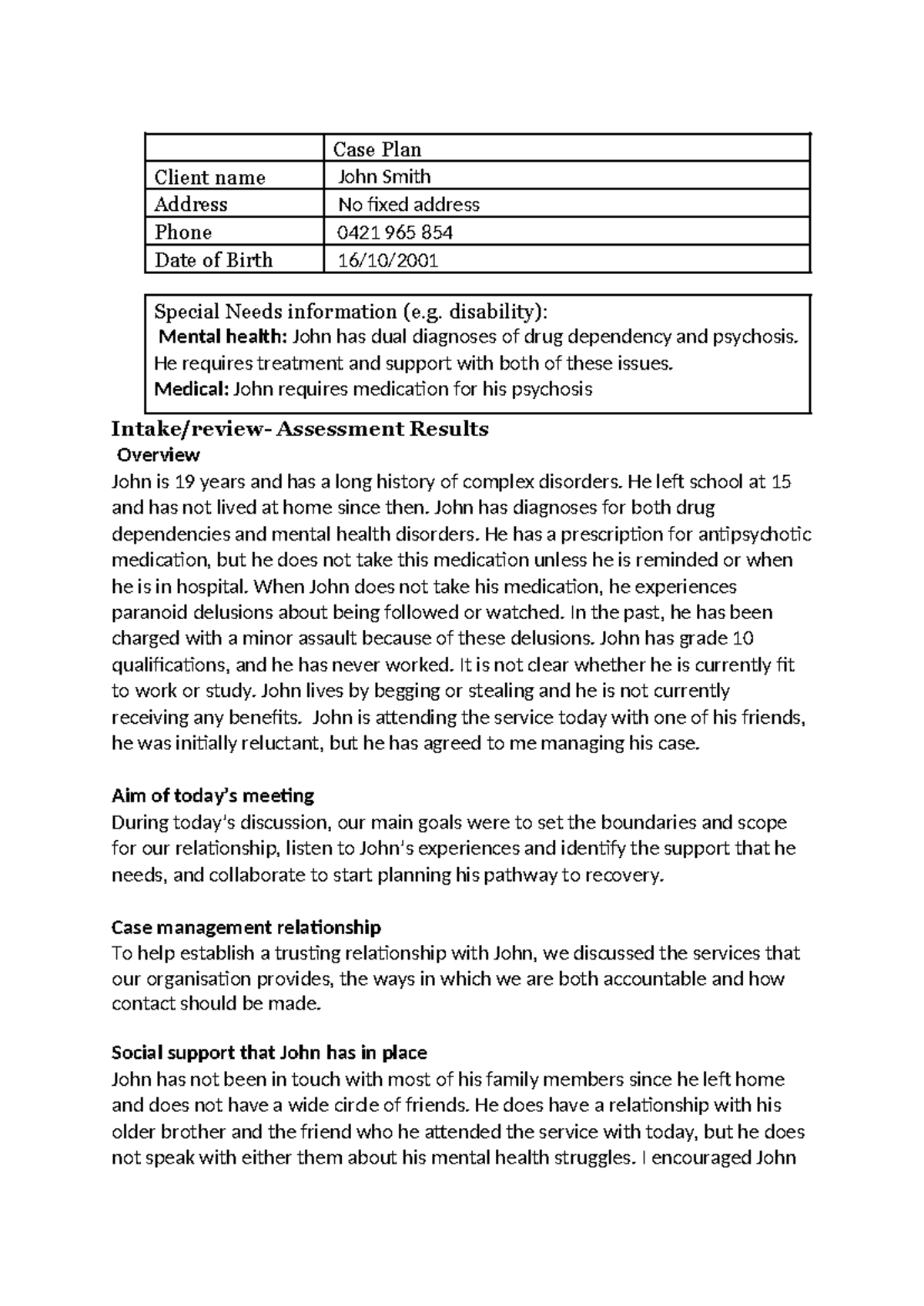 Case Plan John Example - study note - Case Plan Client name John Smith ...