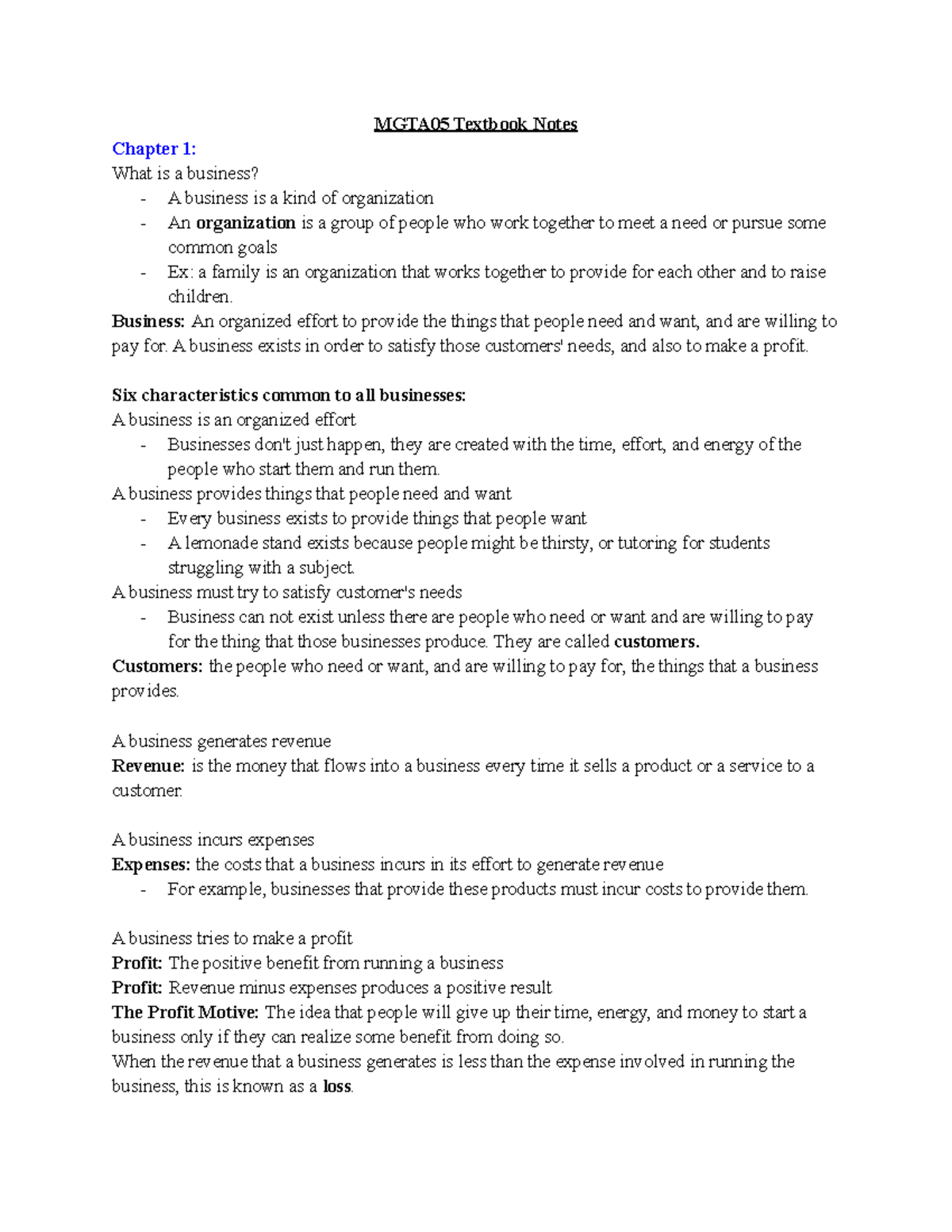 Notes - MGTA05 Textbook Notes Chapter 1: What is a business? A business ...