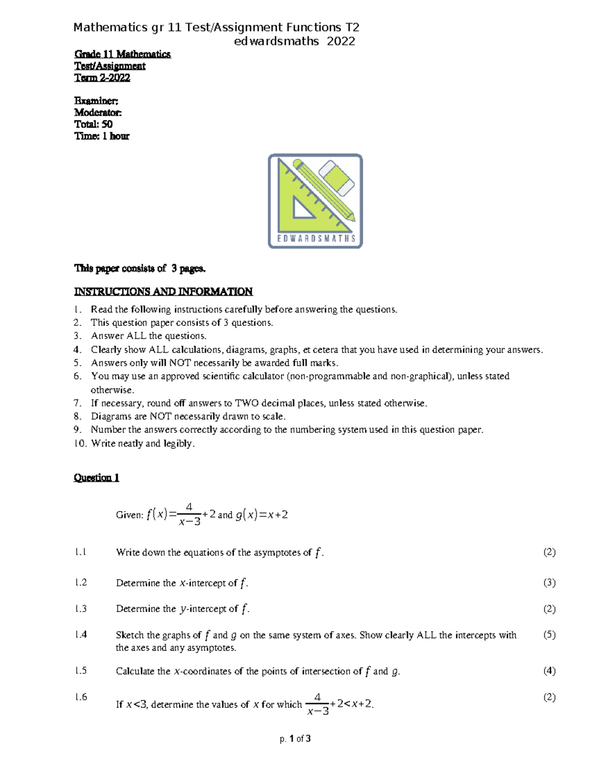 Gr 11 Edwardsmaths Test or Assignment Functions T2 2022 Eng ...