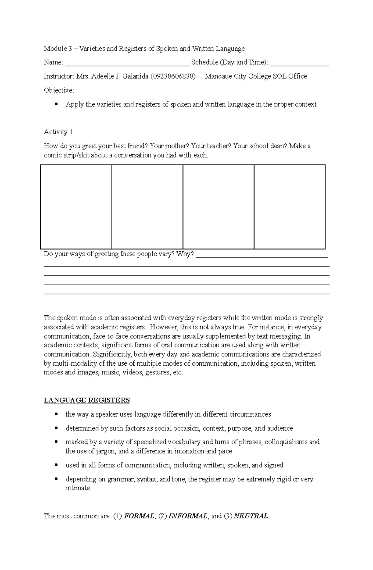 Module 3 - ENGL 101 - Registers and Varieties of Spoken and Written ...