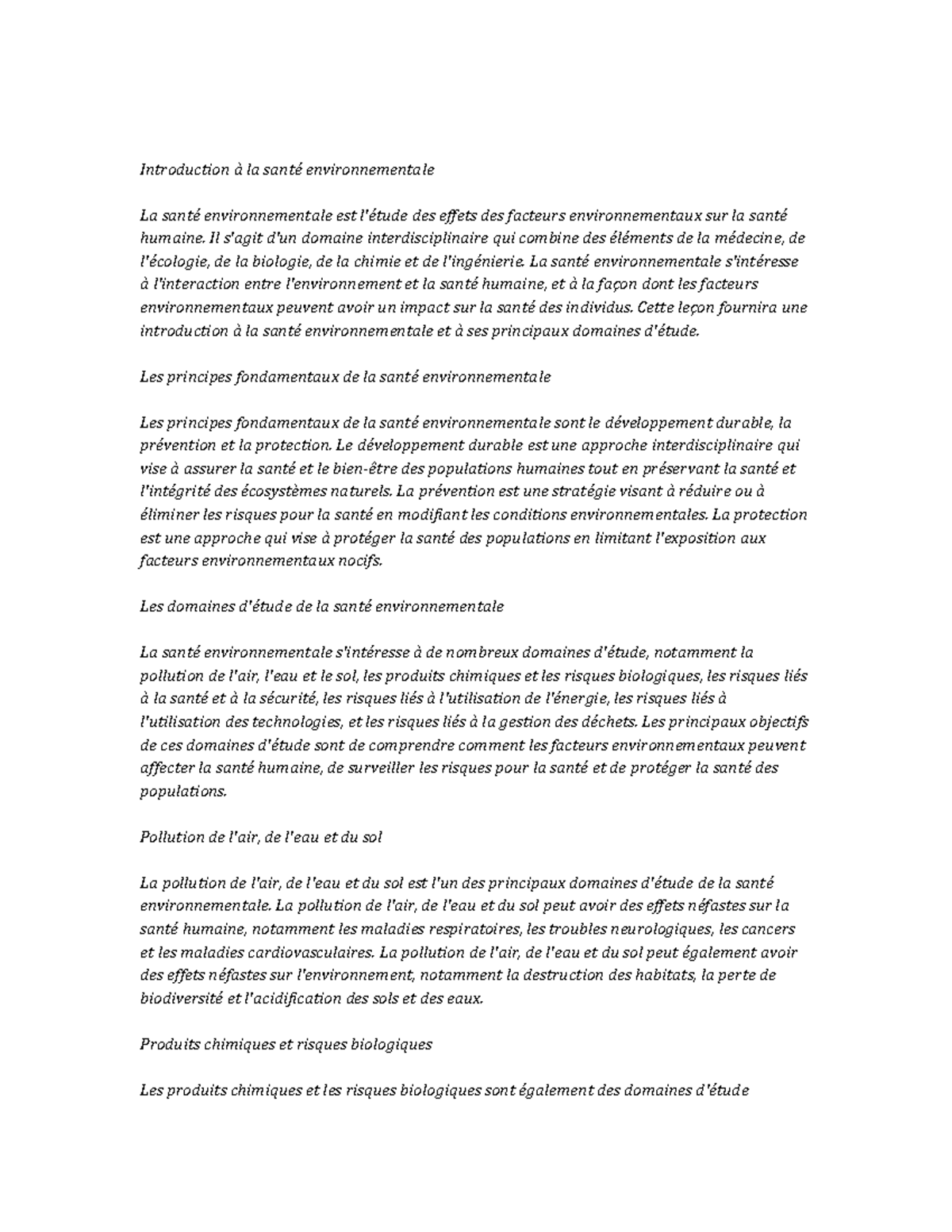 Environmental Health Sciences Notes de cours - Introduction à la santé ...