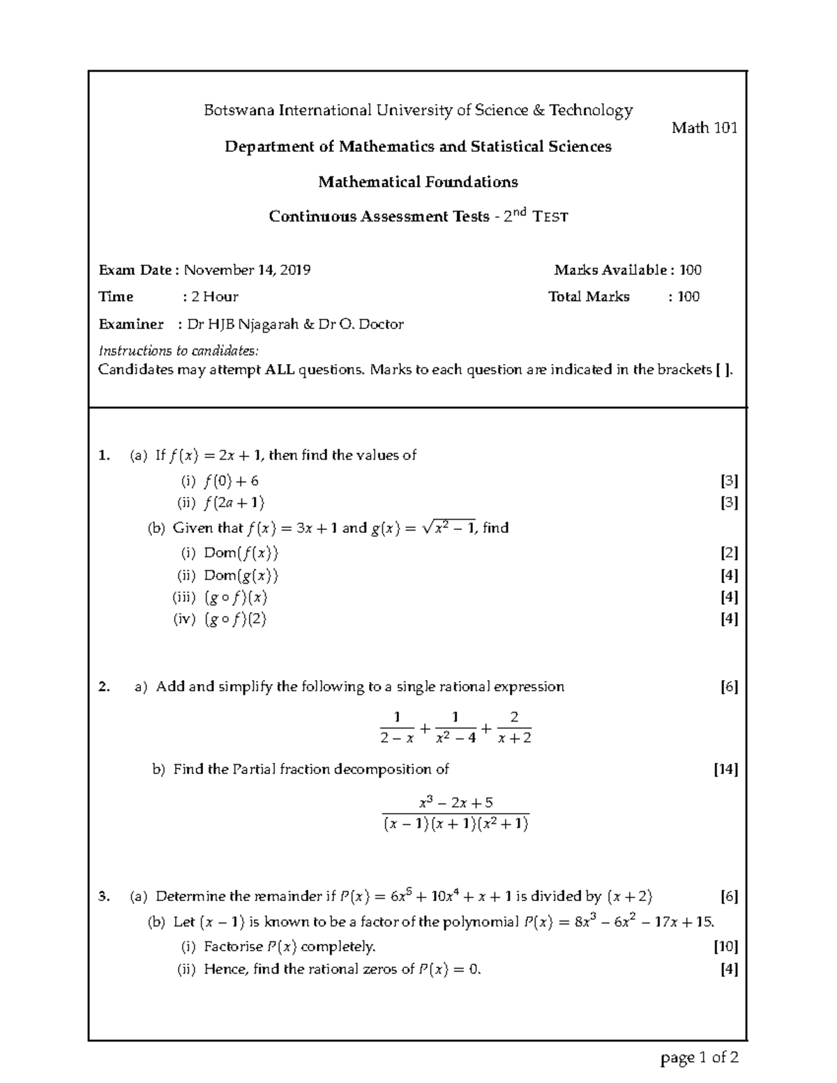 MATH101 2019 2020 Test2 - Botswana International University of Science ...