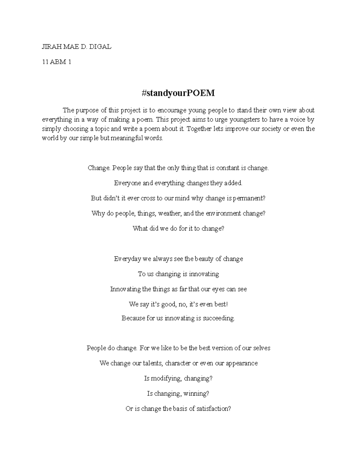 Character project - JIRAH MAE D. DIGAL 11 ABM 1 #standyourPOEM The ...