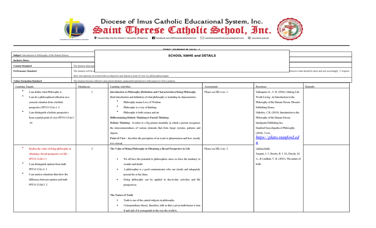 Philosophy Learning Plan 1 - TOPIC LEARNING PLAN No. 1 Subject ...
