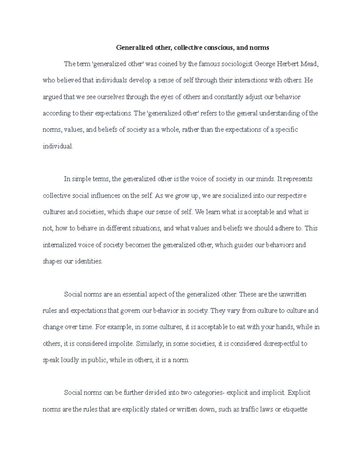 SOCI 1101 Generalized other, collective conscious, and norms ...