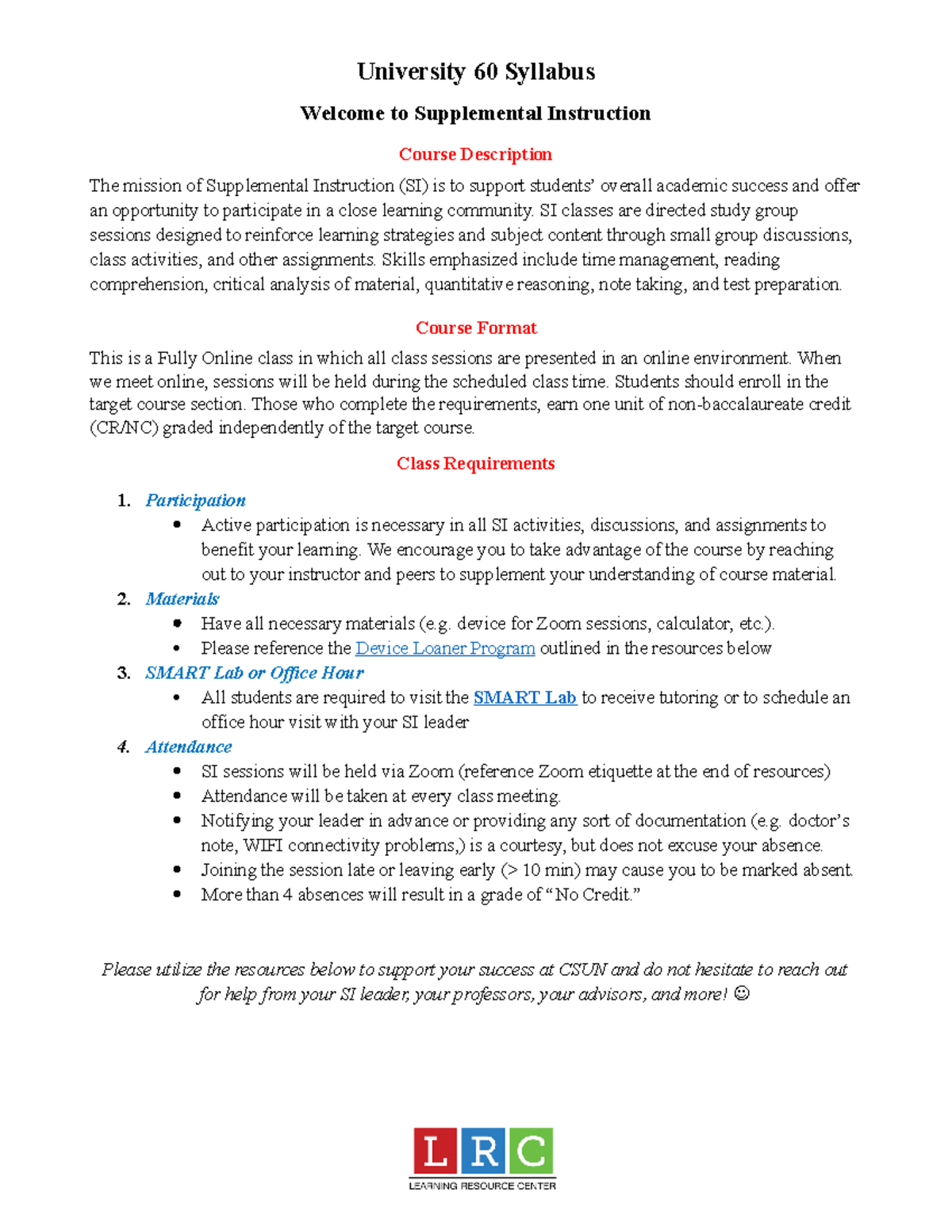 University 60 Syllabus FA20 - Welcome to Supplemental Instruction ...