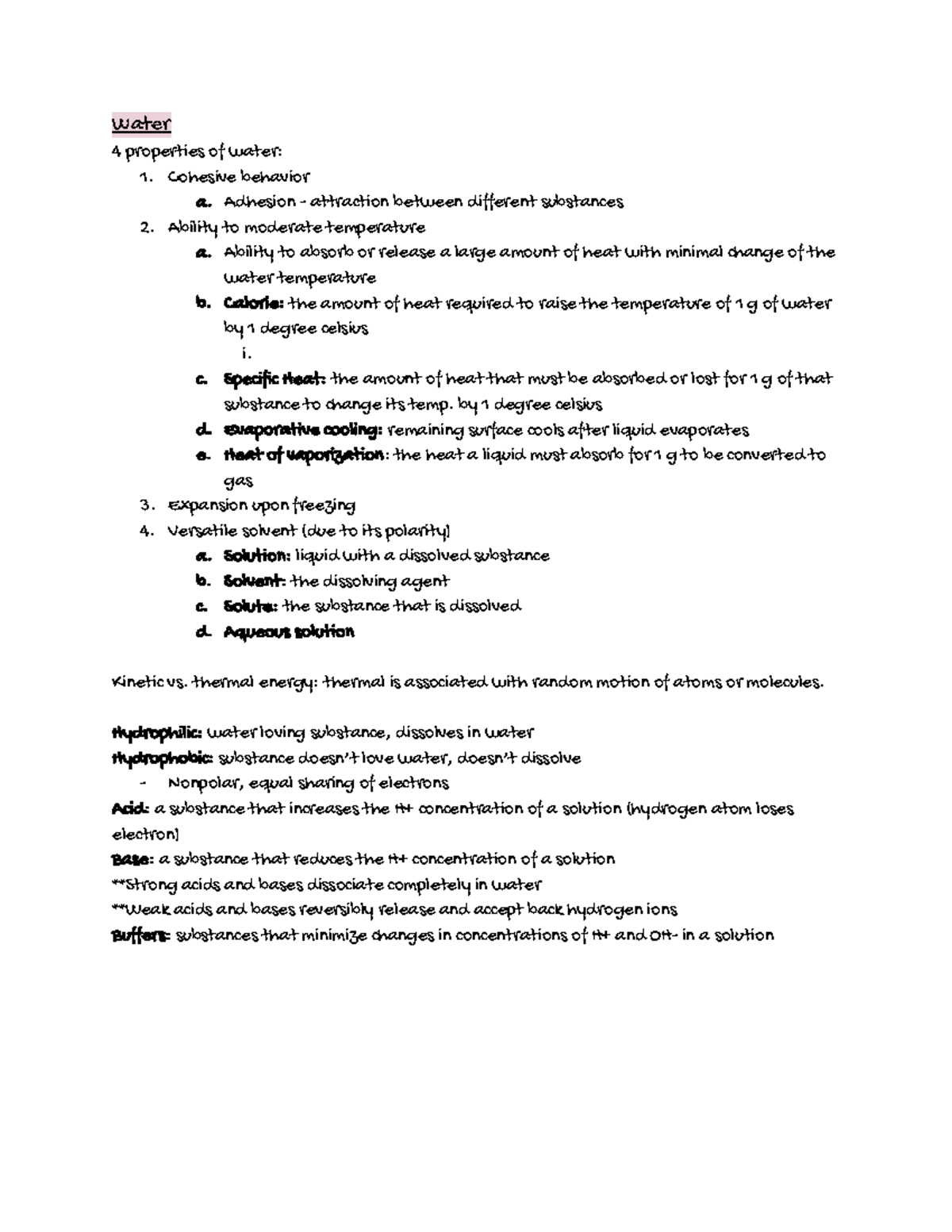 BIOL 140 Lecture Notes - Chapter 3 - Water 4 properties of water: 1 ...