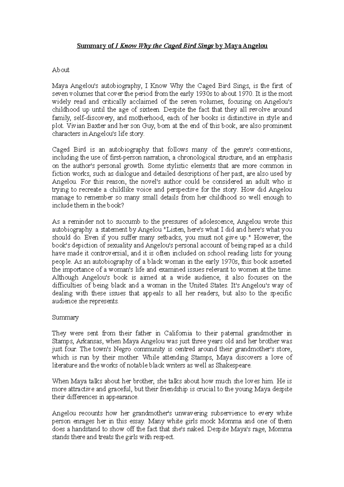 I Know Why the Caged Bird Sings by Maya Angelou - Life Writings - AMU ...