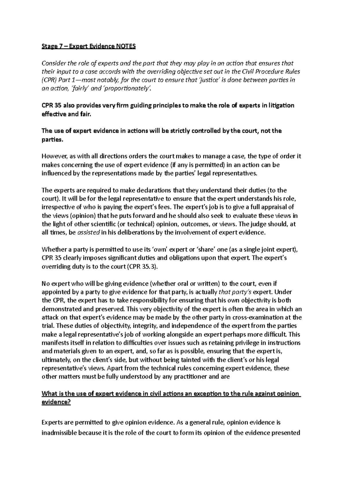 Stage 7 - Evidence - lecture notes - Stage 7 – Expert Evidence NOTES ...