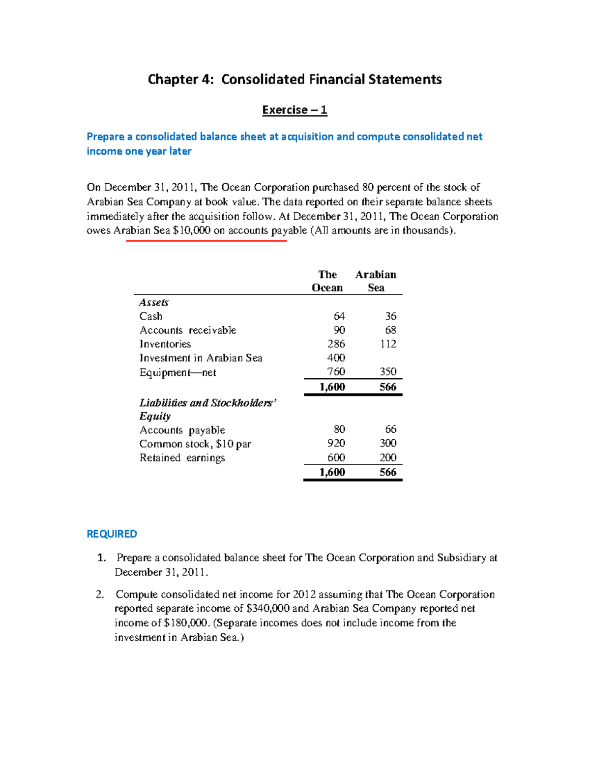 Chap 4 Exercise-1 - Accounting - Chapter 4 : Consolidated Financial Statements Exercise – 1 ...
