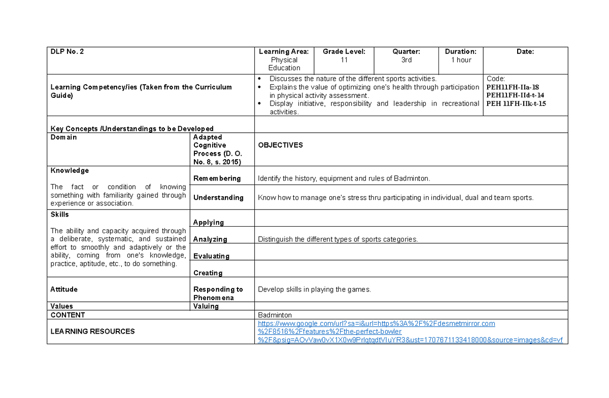 PE 11 DLP-Week 2 - Daily Lesson Plan - DLP No. 2 Learning Area: Physical Education Grade Level ...