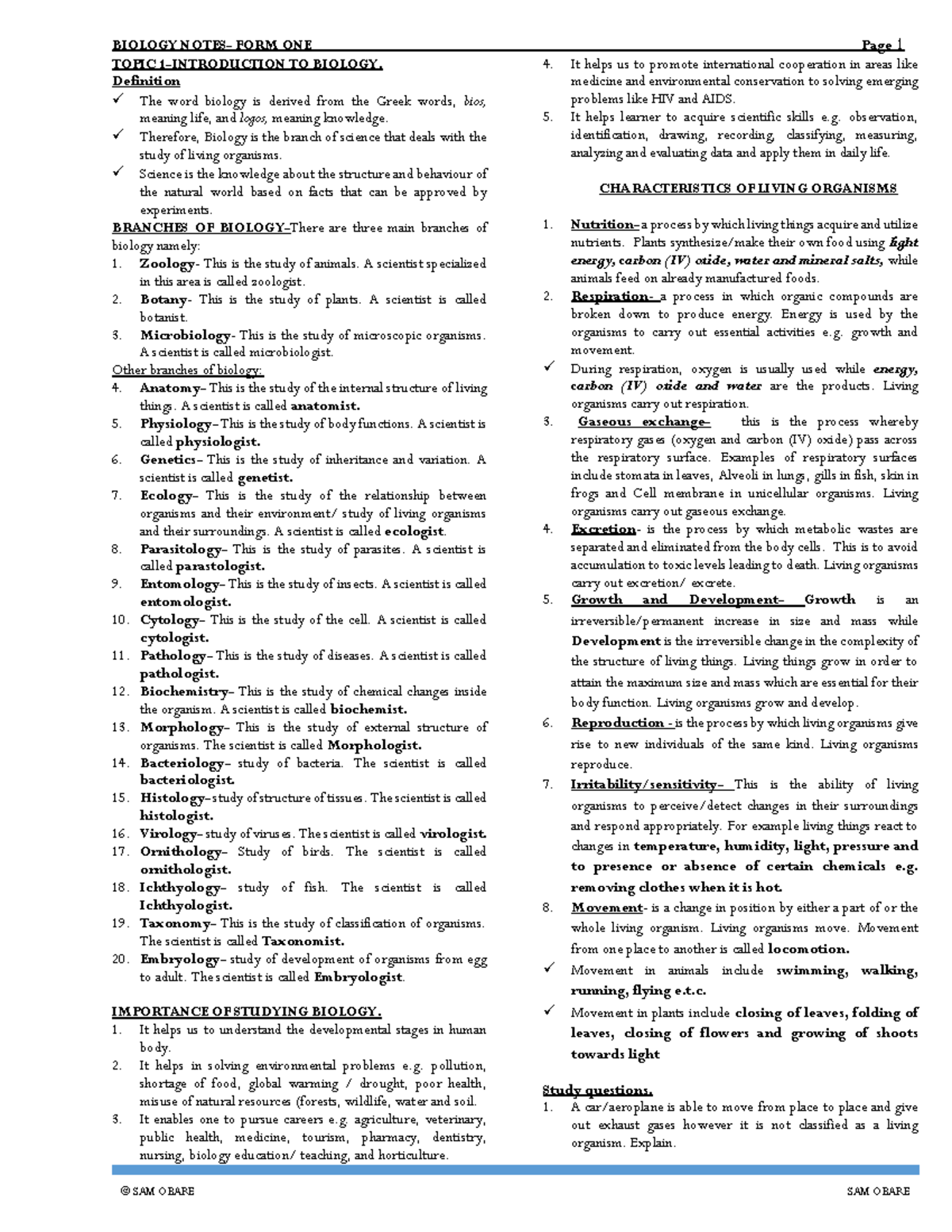 Biology Form one notes - it is really helpful - TOPIC 1-INTRODUCTION TO ...