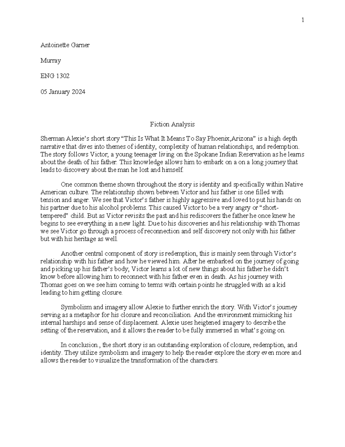 Fiction Analysis - None - 1 Antoinette Garner Murray ENG 1302 05 ...