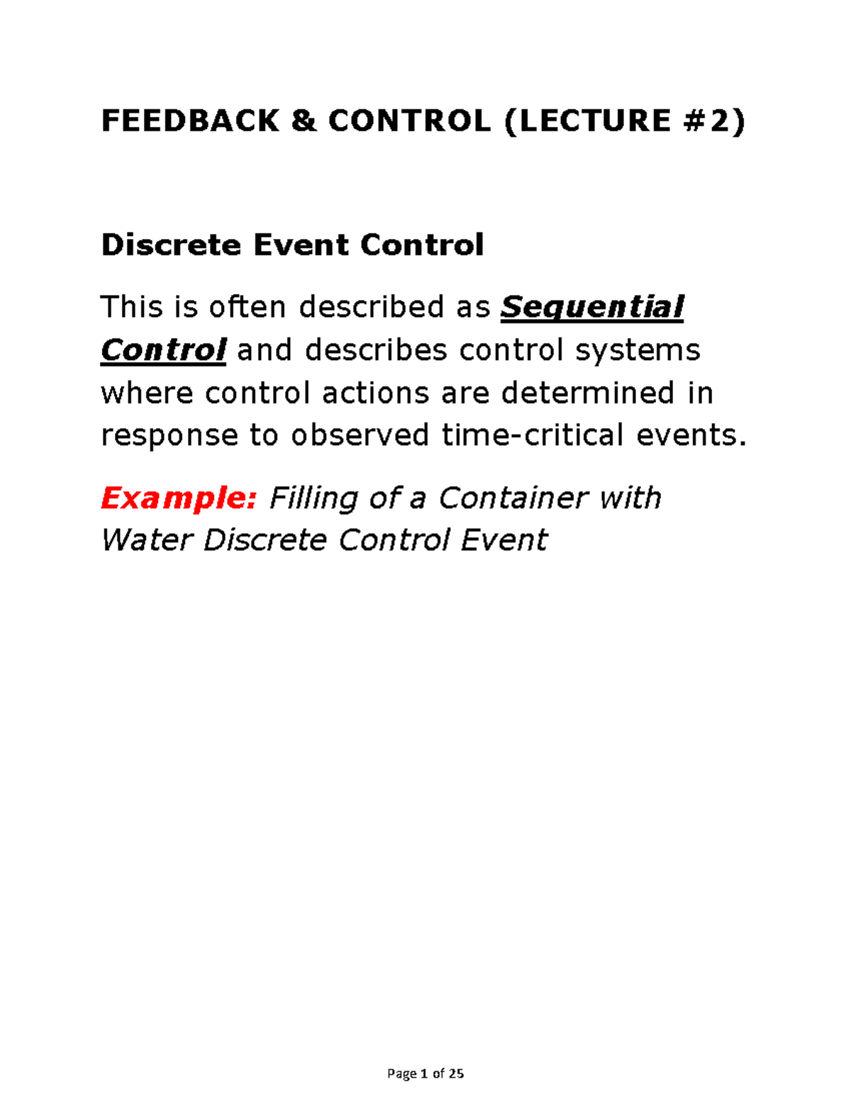 Feedback and Control Lecture No - FEEDBACK & CONTROL (LECTURE #2 ...