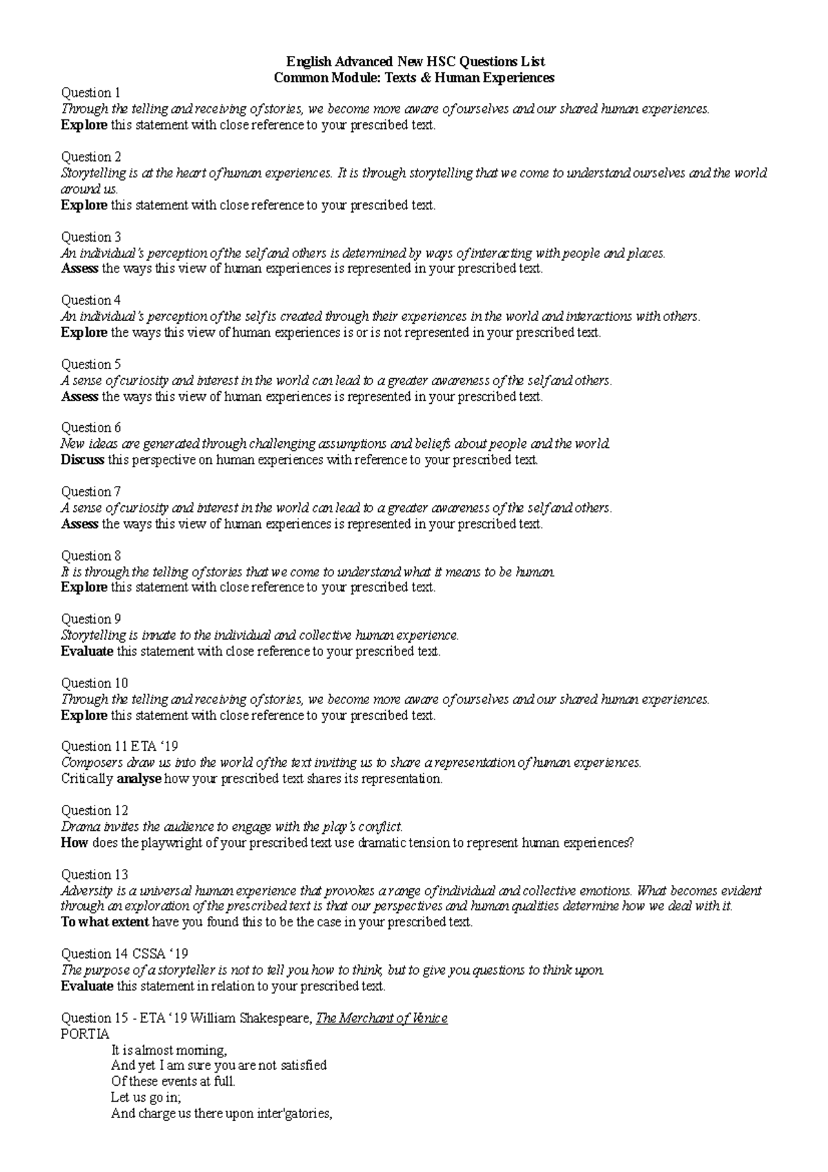 List of English New HSC Questions - English Advanced New HSC Questions ...