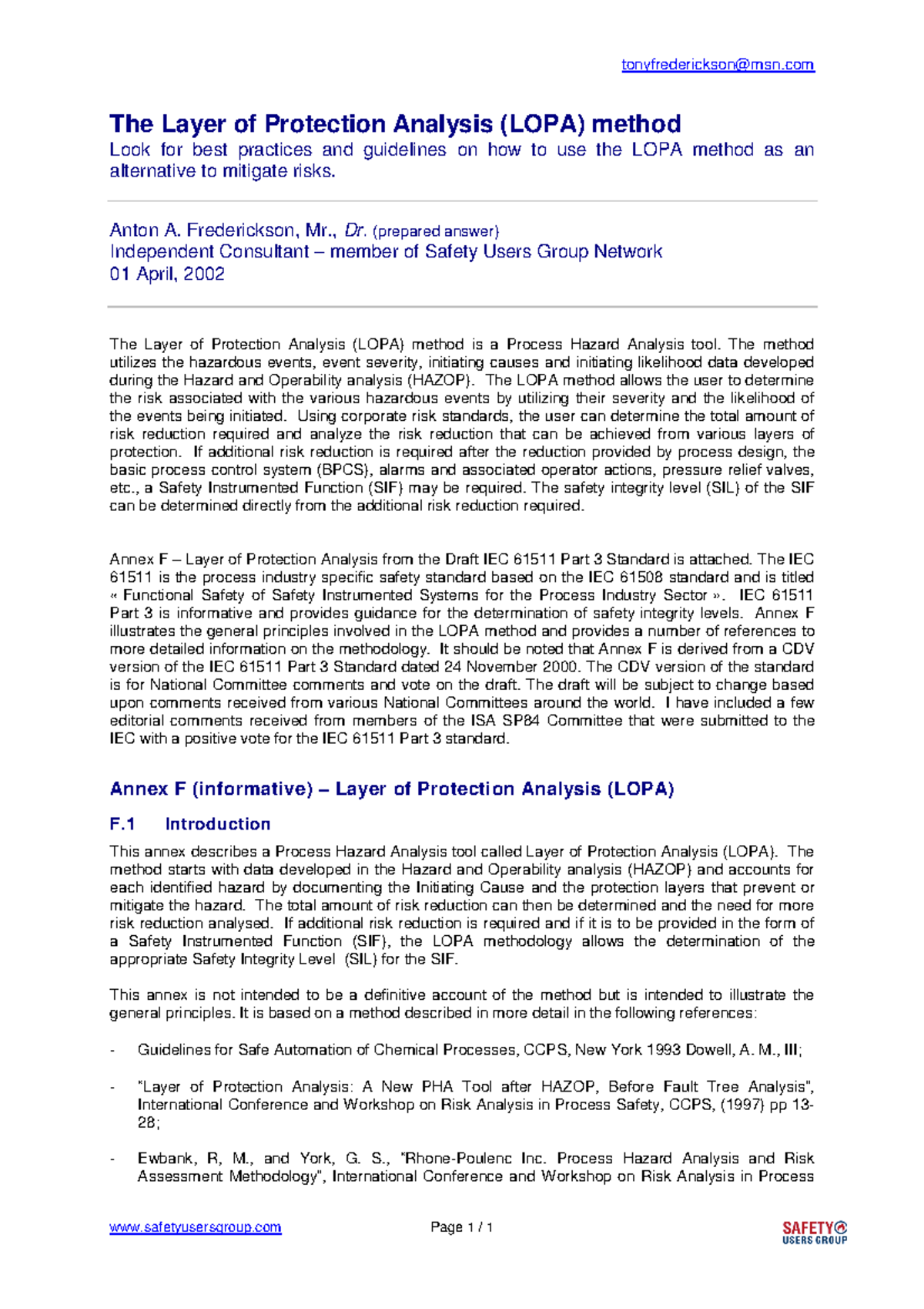 The Layer of Protection Analysis LOPA me - The Layer of Protection ...