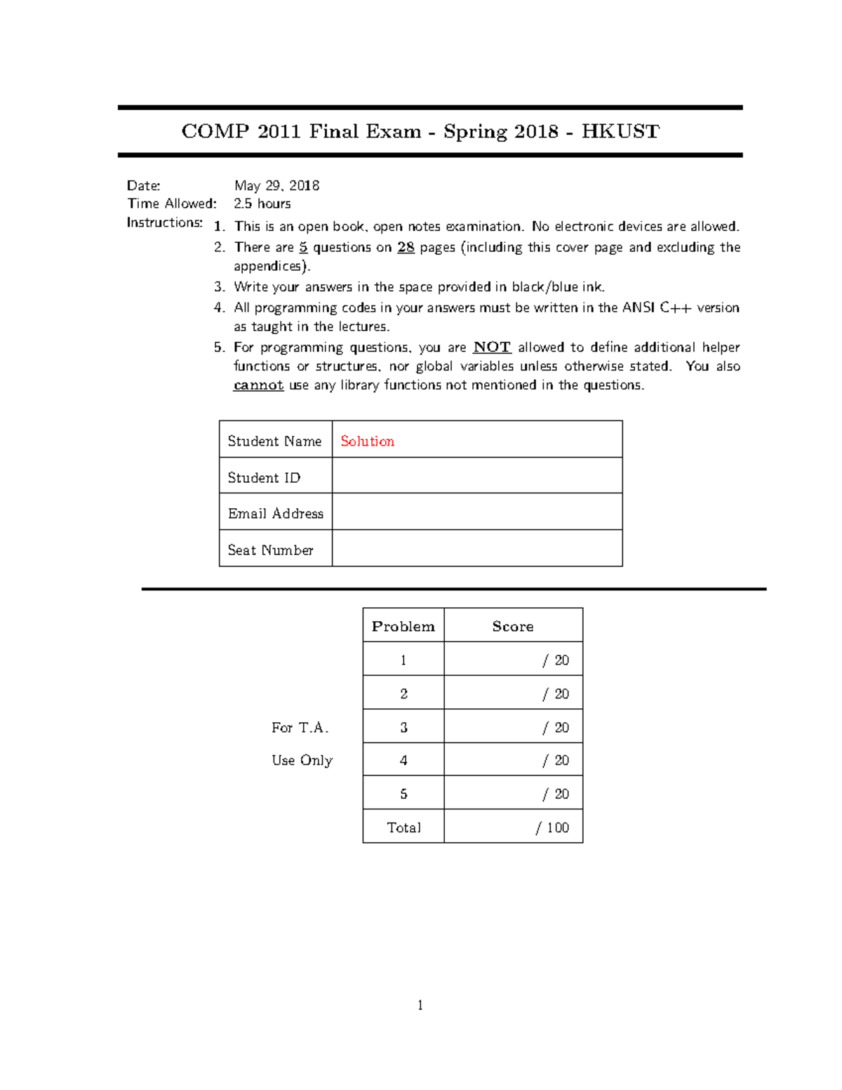 Comp2011-final 2018 S-soln - COMP 2011 Final Exam - Spring 2018 - HKUST Date: May 29, 2018 Time ...