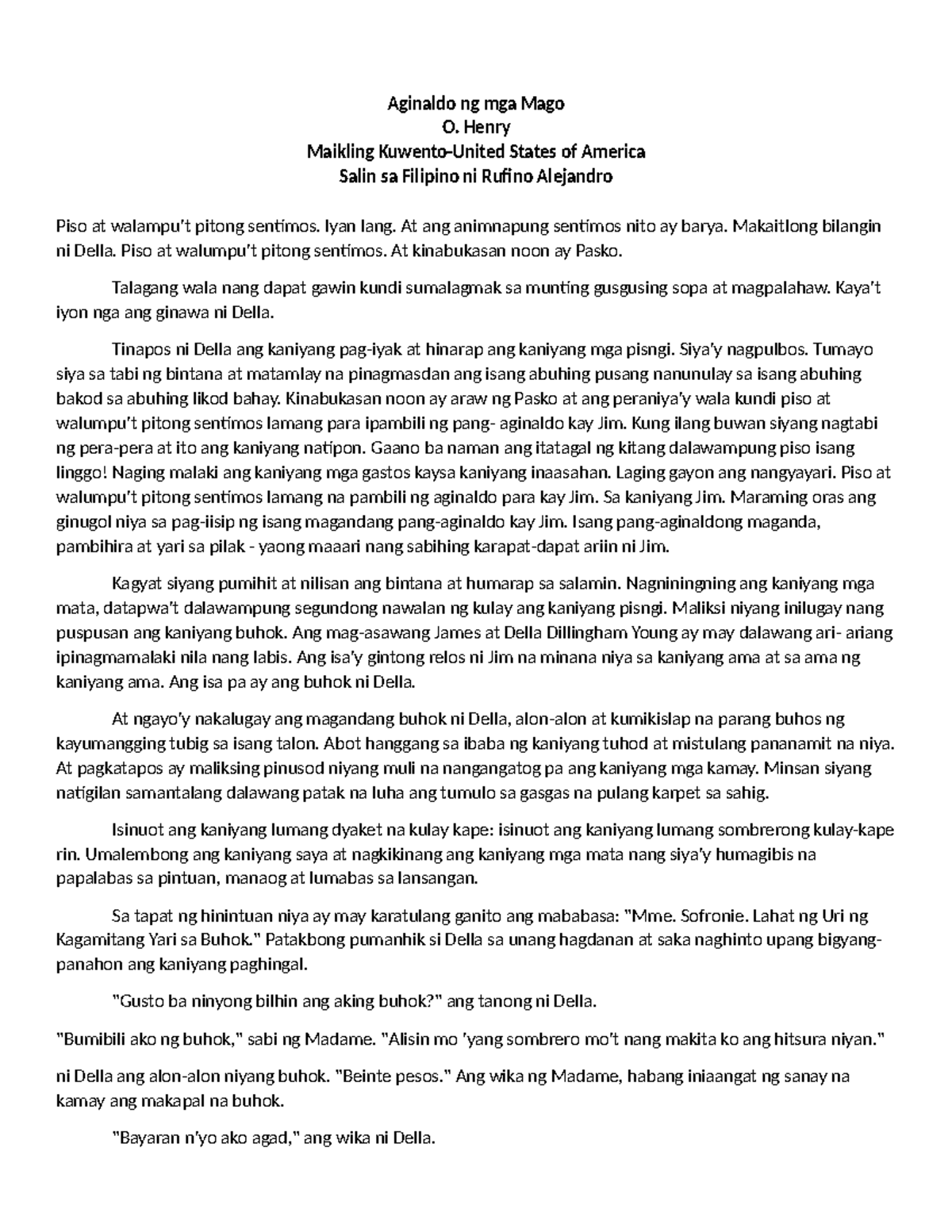 Aginaldo ng mga Mago - Henry Maikling Kuwento-United States of America ...