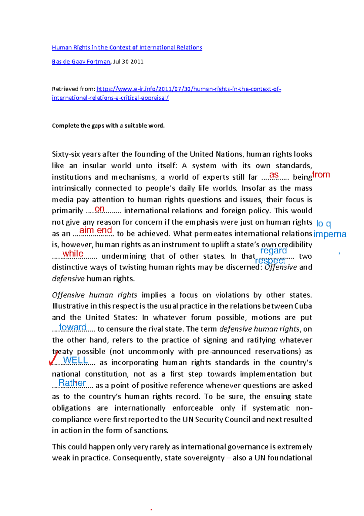 Exercise 2 Human Rights in the Context of International Relations ...