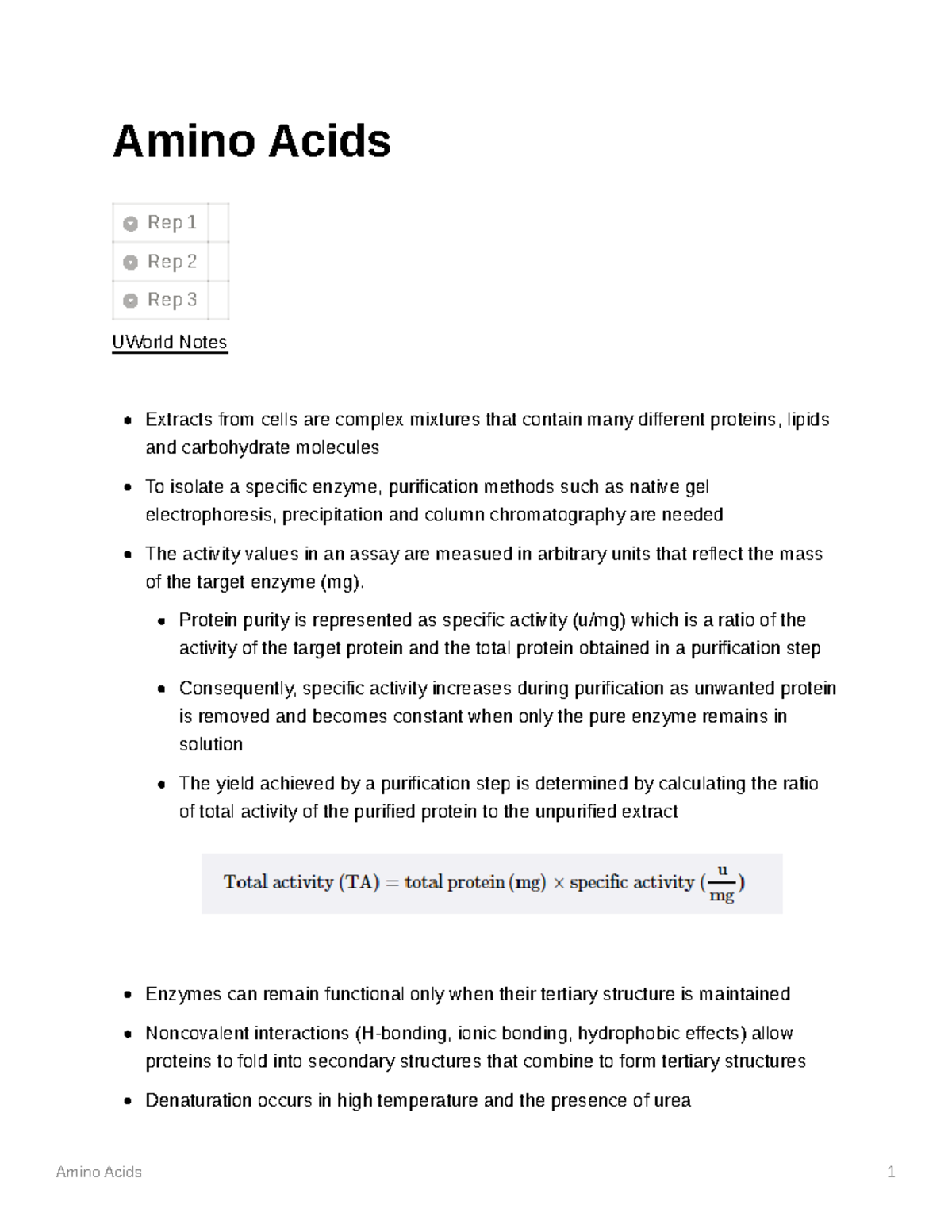 Amino Acids - Amino Acids Rep 1 Rep 2 Rep 3 UWorld Notes Extracts from ...