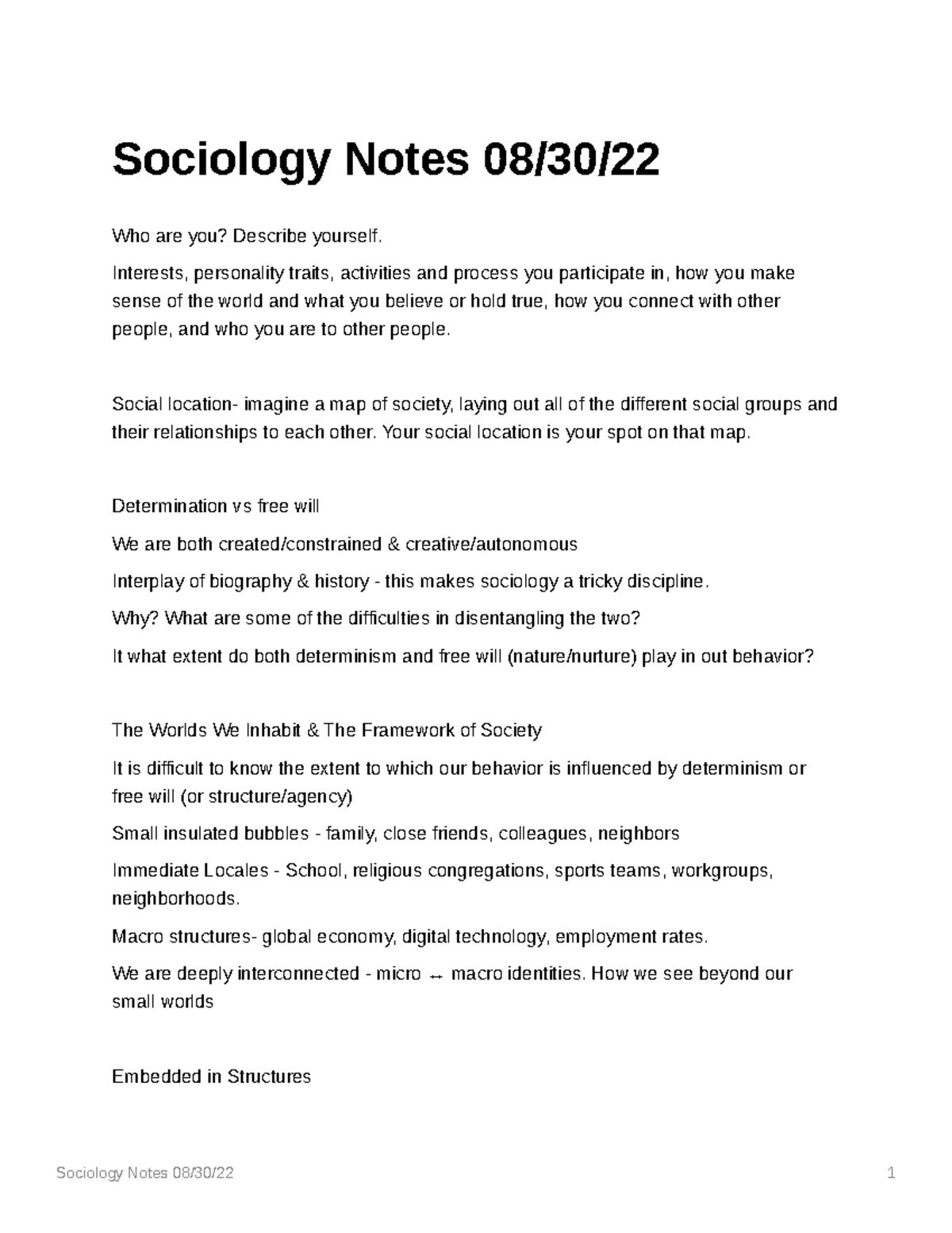 Sociology Notes 083022 - Sociology Notes Who are you? Describe yourself ...