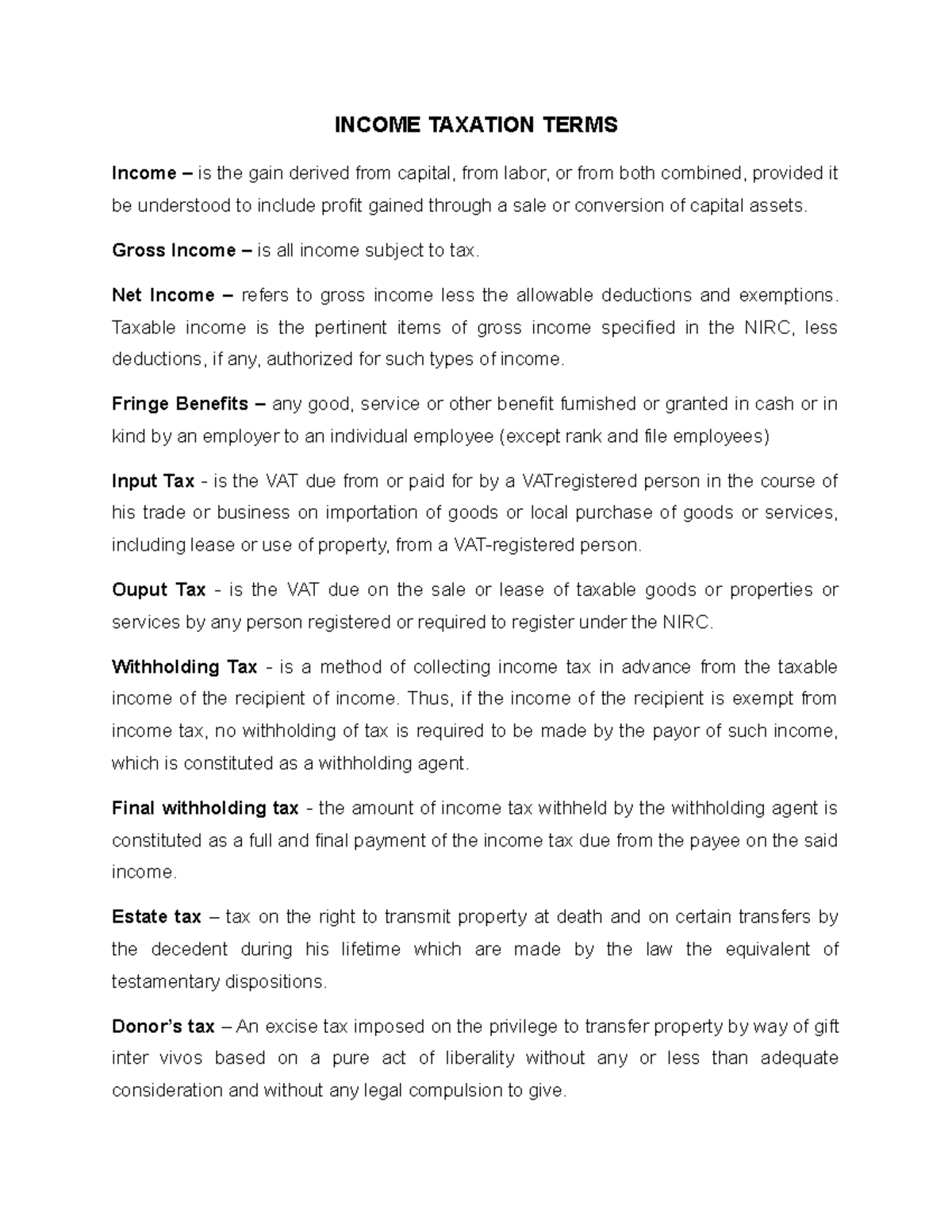 Income Taxation Terms - INCOME TAXATION TERMS Income – is the gain ...