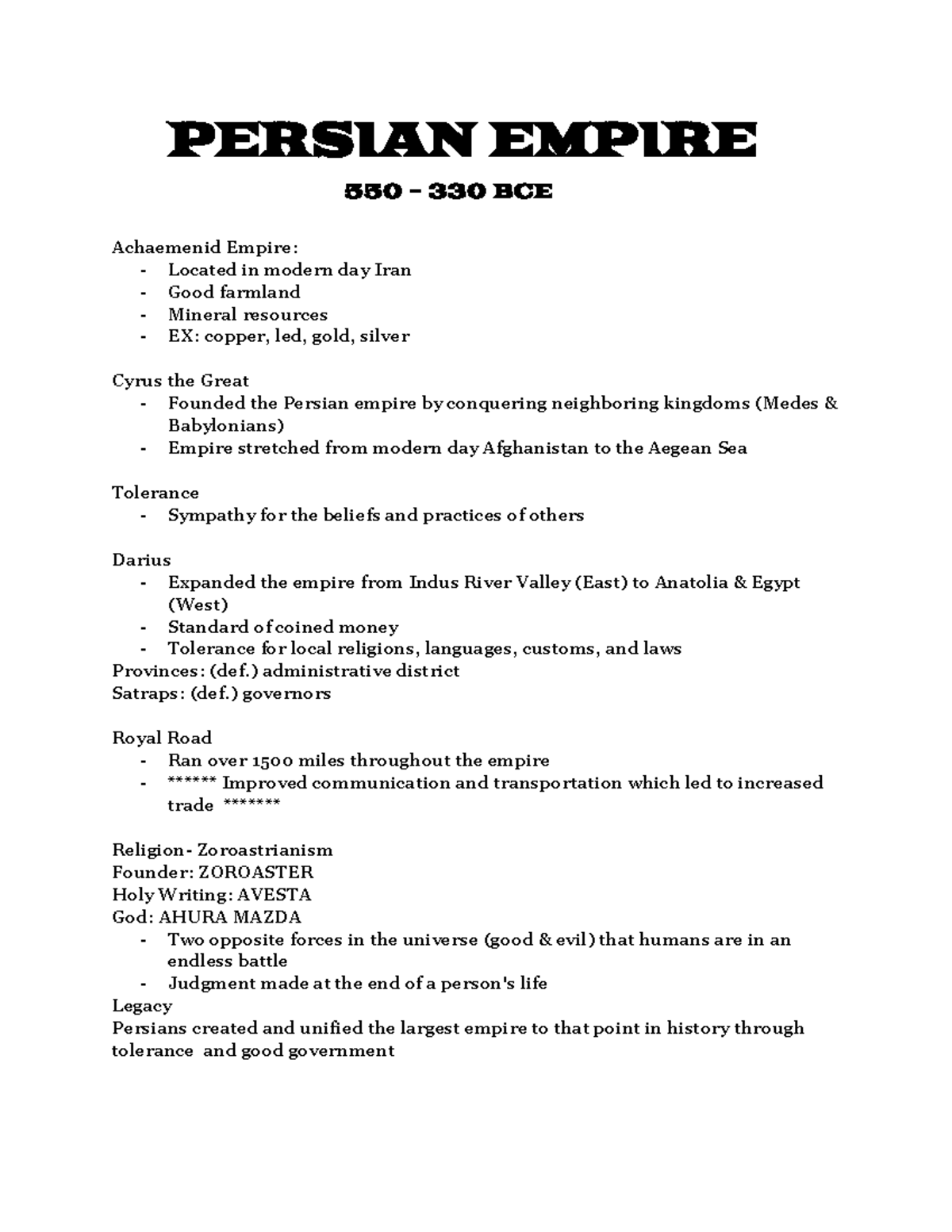 Persian empire notes 12 7 23 - PERSIAN EMPIRE 550 - 330 BCE Achaemenid ...