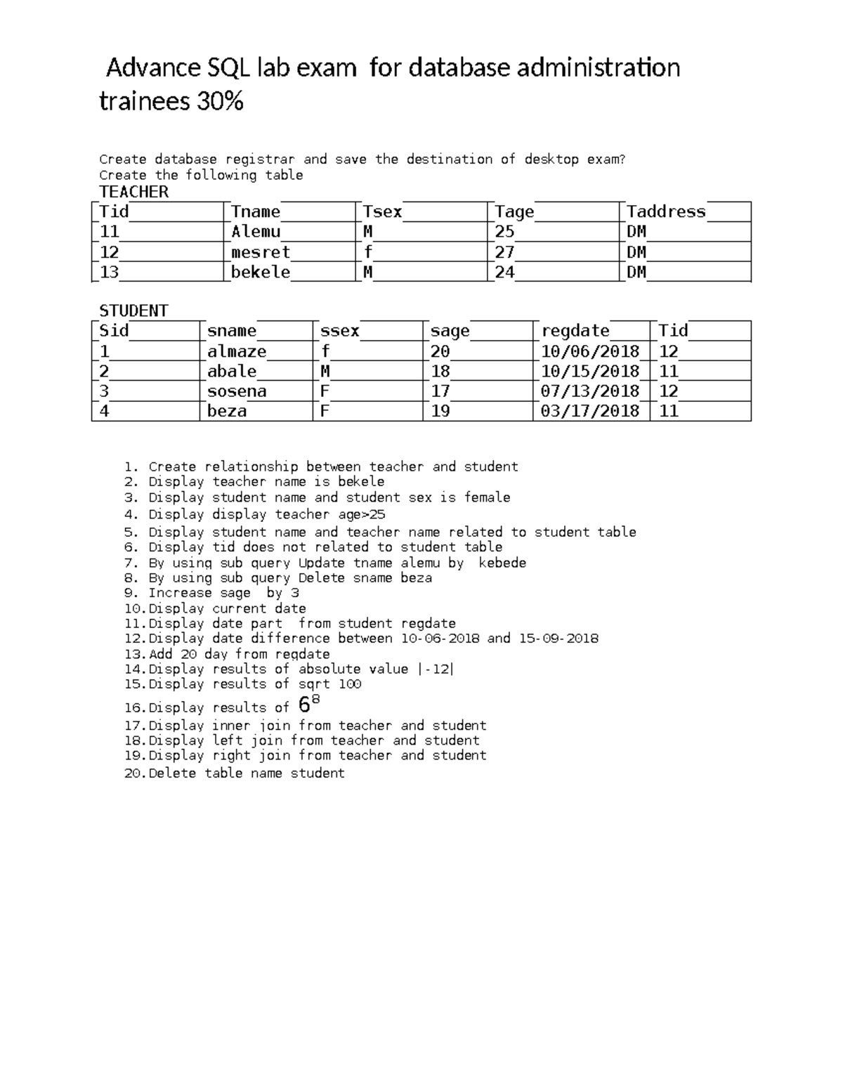 Advance sql lab exam - ddd - Advance SQL lab exam for database administration trainees 30% ...