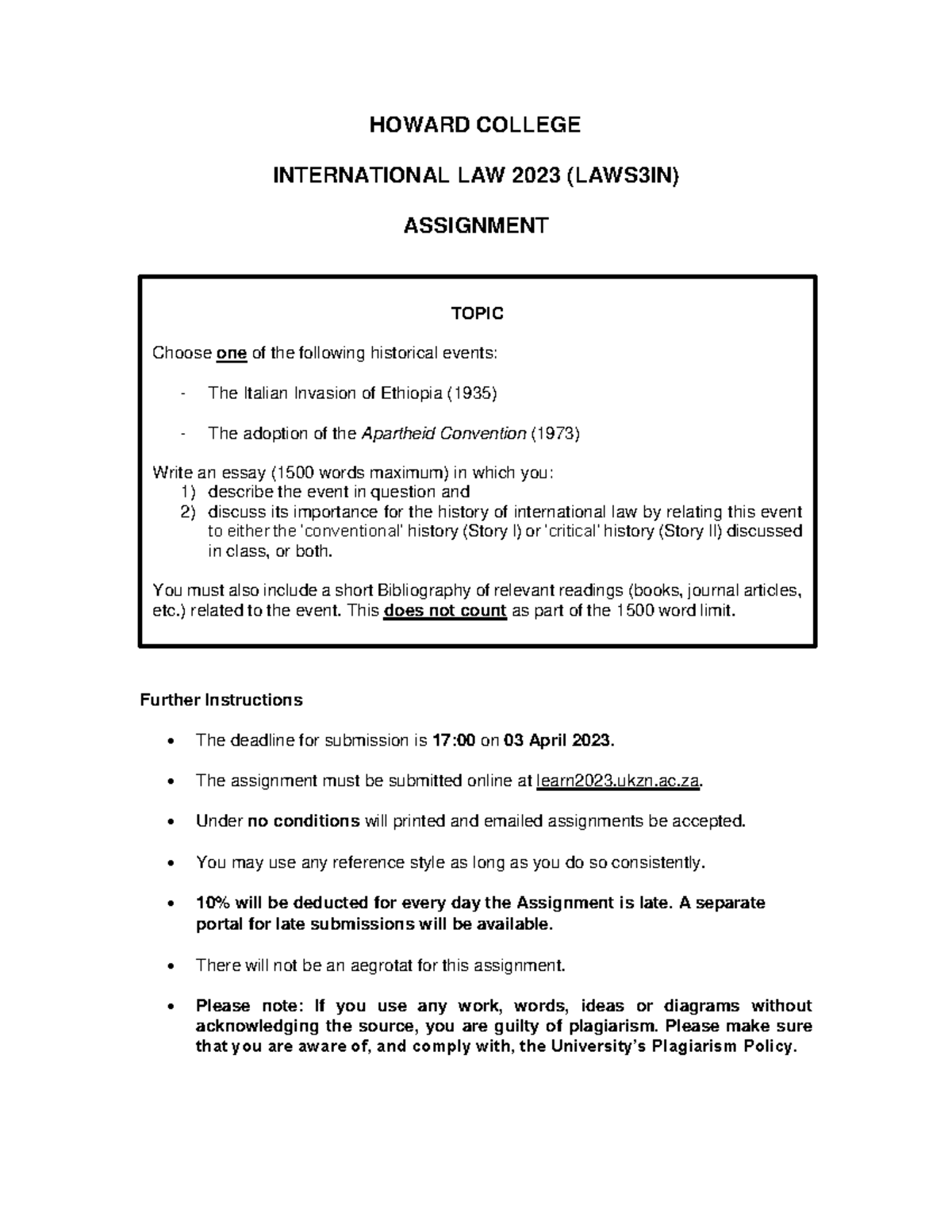 International Law Assignment 2023 - HOWARD COLLEGE INTERNATIONAL LAW ...