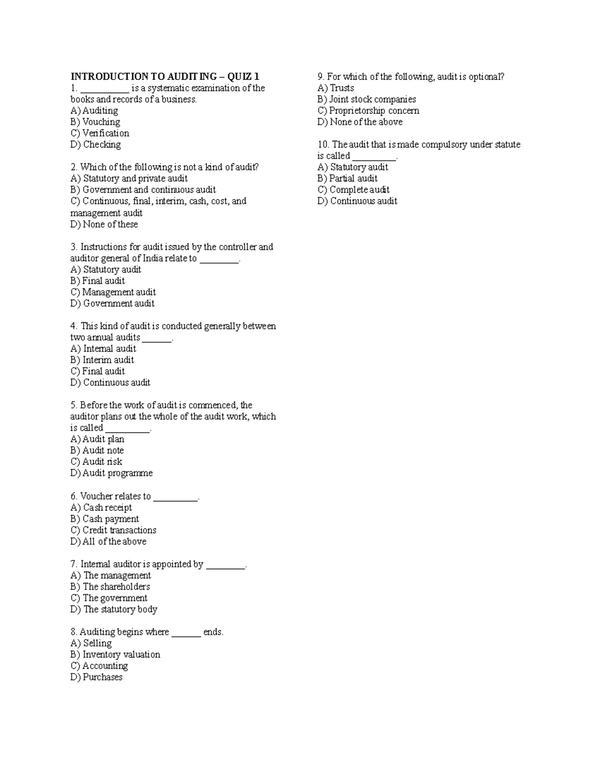 Introduction To Auditing Q1 - INTRODUCTION TO AUDITING – QUIZ 1 ...