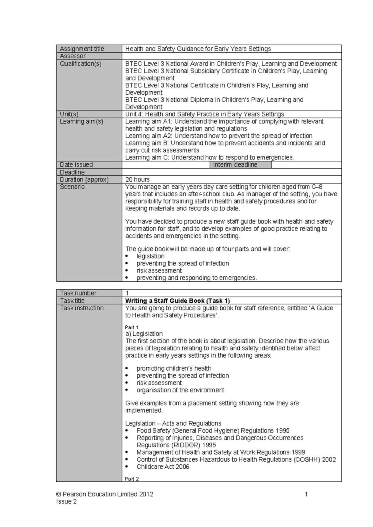 Authorised assignment brief - Unit 4 - Learning aims ABC - Assignment title Health and Safety ...