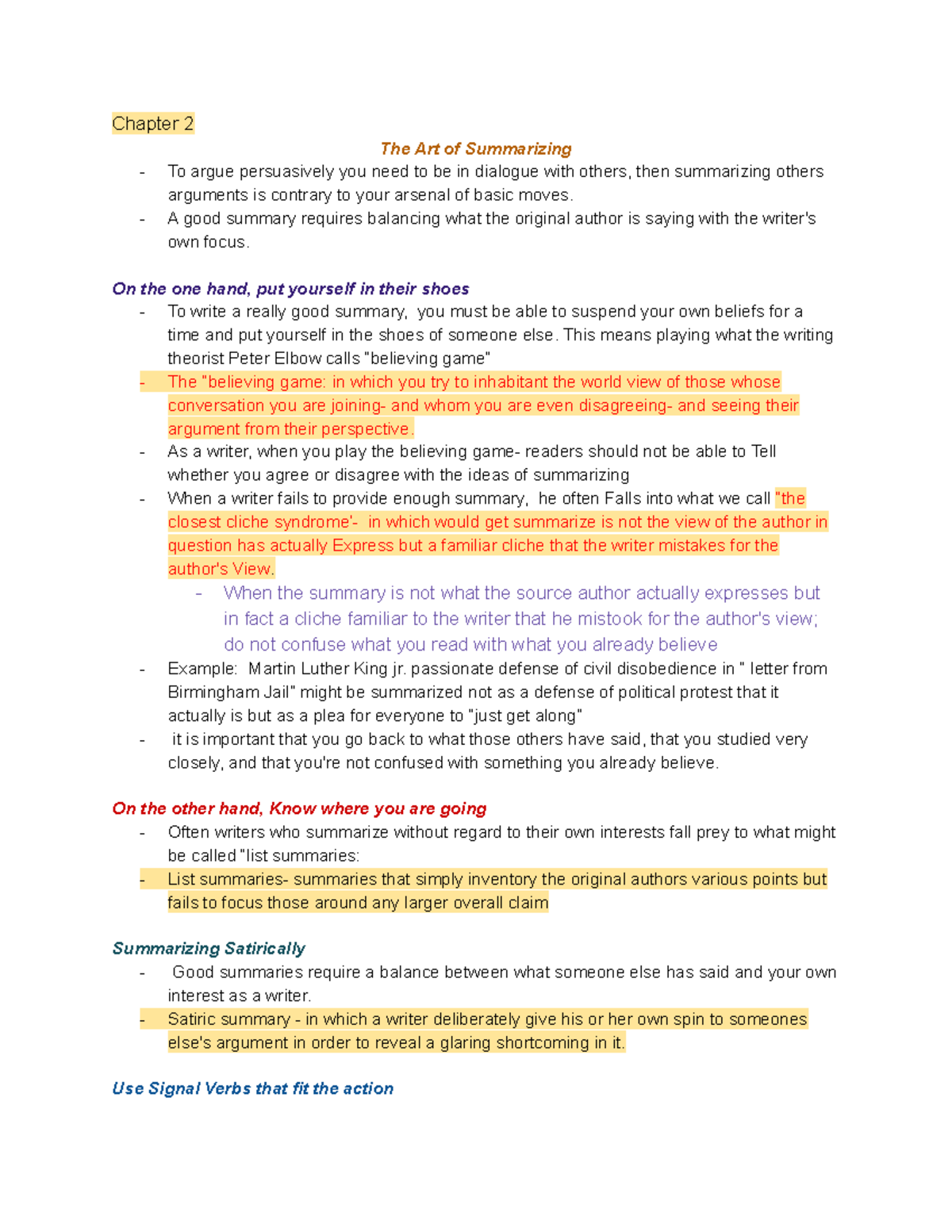 English quiz tomorrow - Study guide - Chapter 2 The Art of Summarizing To argue persuasively you ...