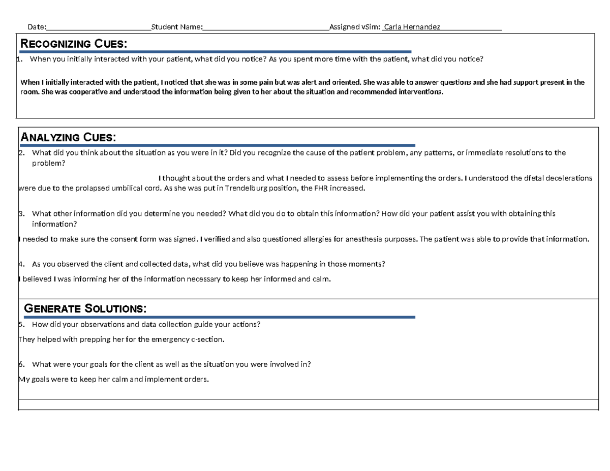 CH Post Sim Clinical Judgment Worksheet - Date: Student Name: Assigned ...