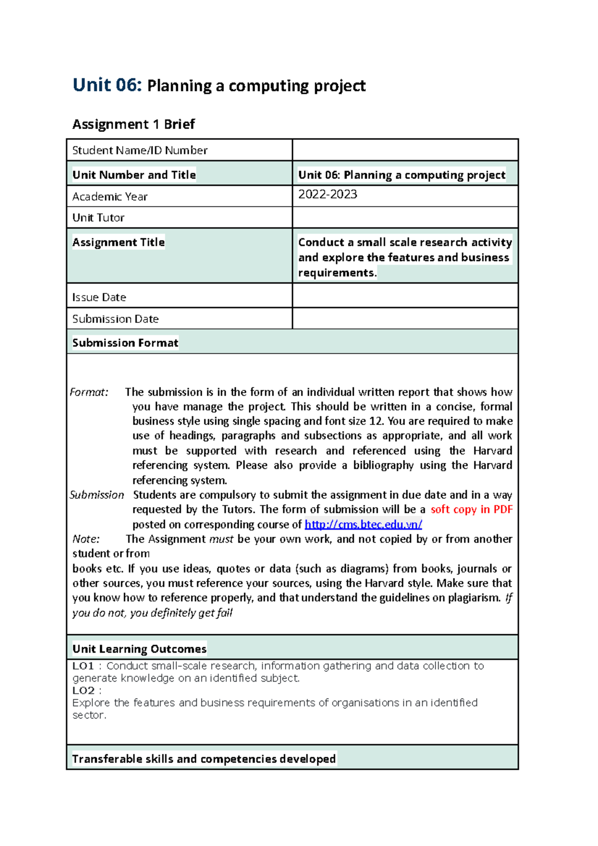 Unit 06 Assignment 1-Brief - Unit 06: Planning a computing project ...