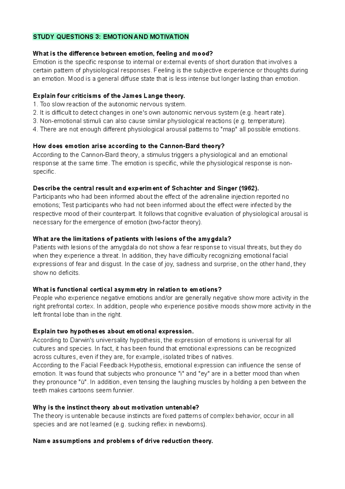 Study questions 3 - Emotion and motivation - STUDY QUESTIONS 3: EMOTION ...