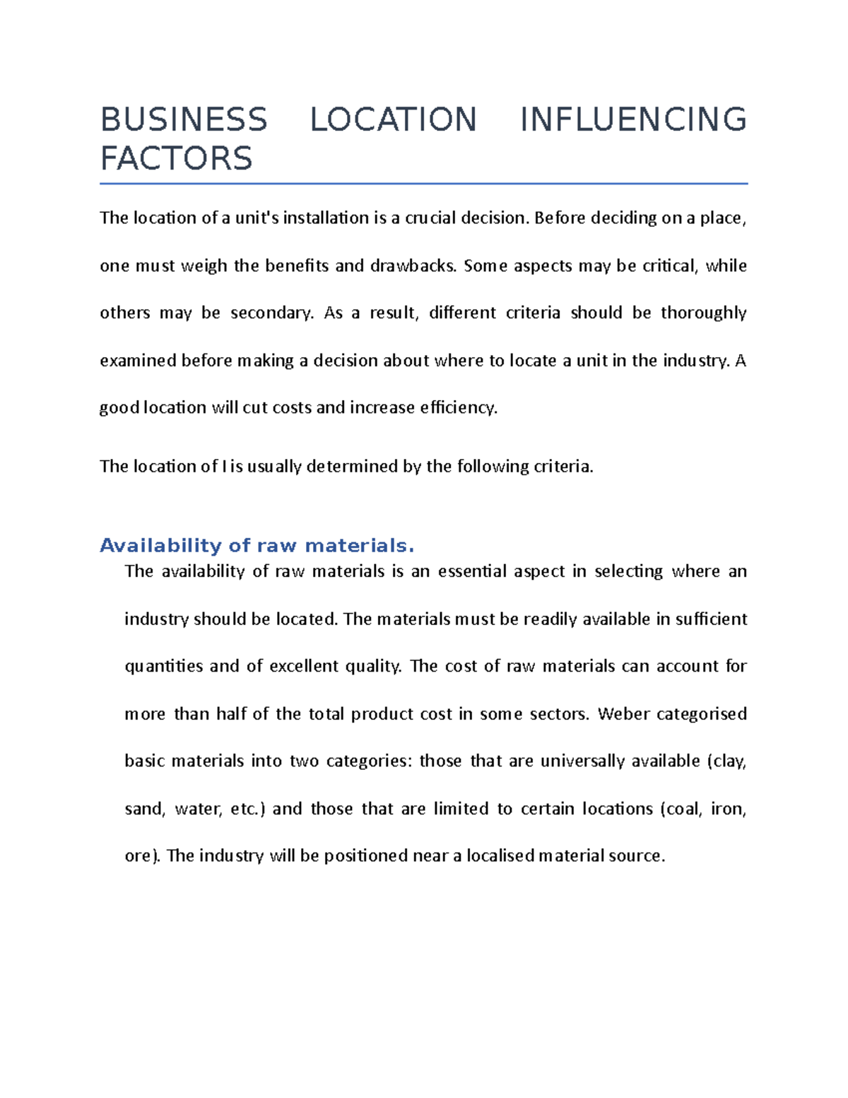 Brife NOTE ON Business Location Influencing Factors - BUSINESS LOCATION ...