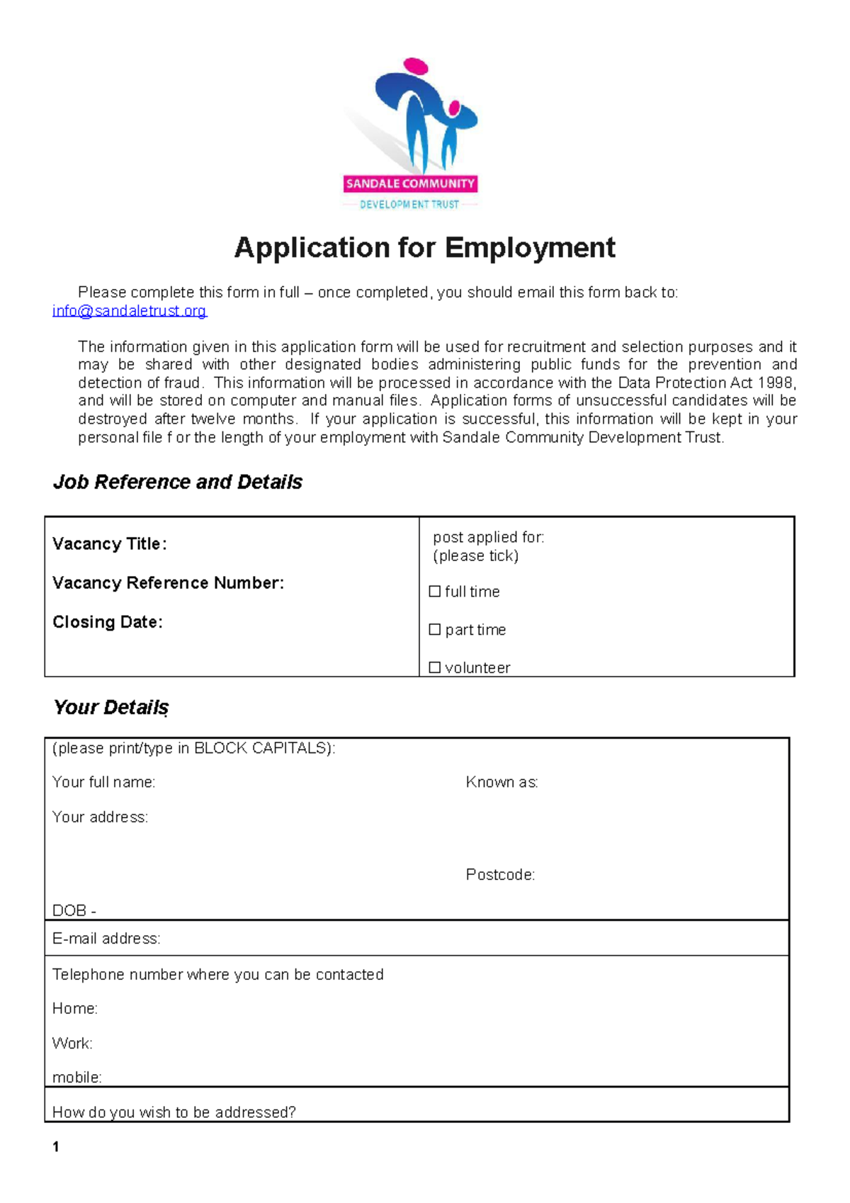 SCDT Application final - Application for Employment Please complete ...