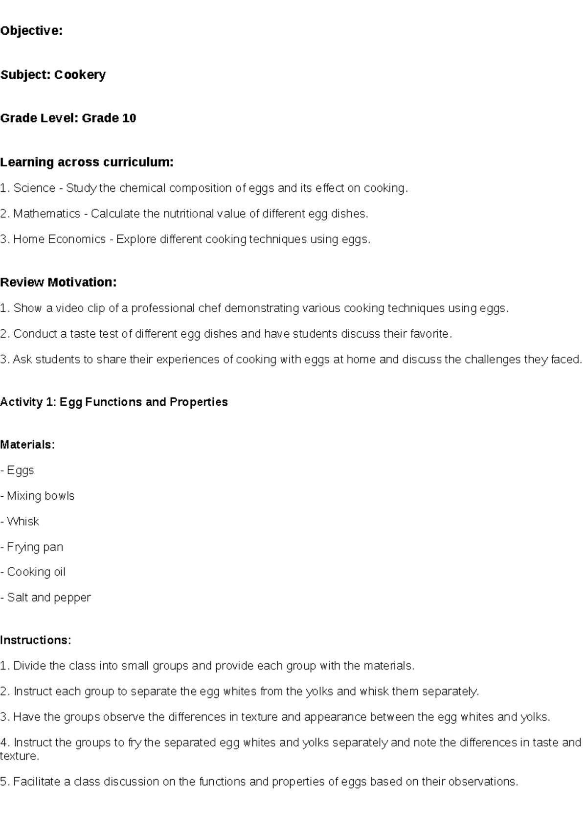 Lesson plan - Objective: Subject: Cookery Grade Level: Grade 10 ...