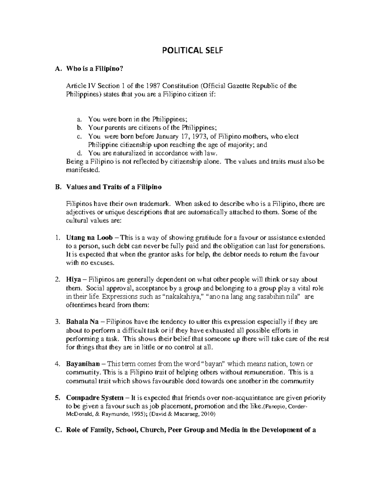 Political SELF - Summary BSE Major in English - POLITICAL SELF A. Who ...